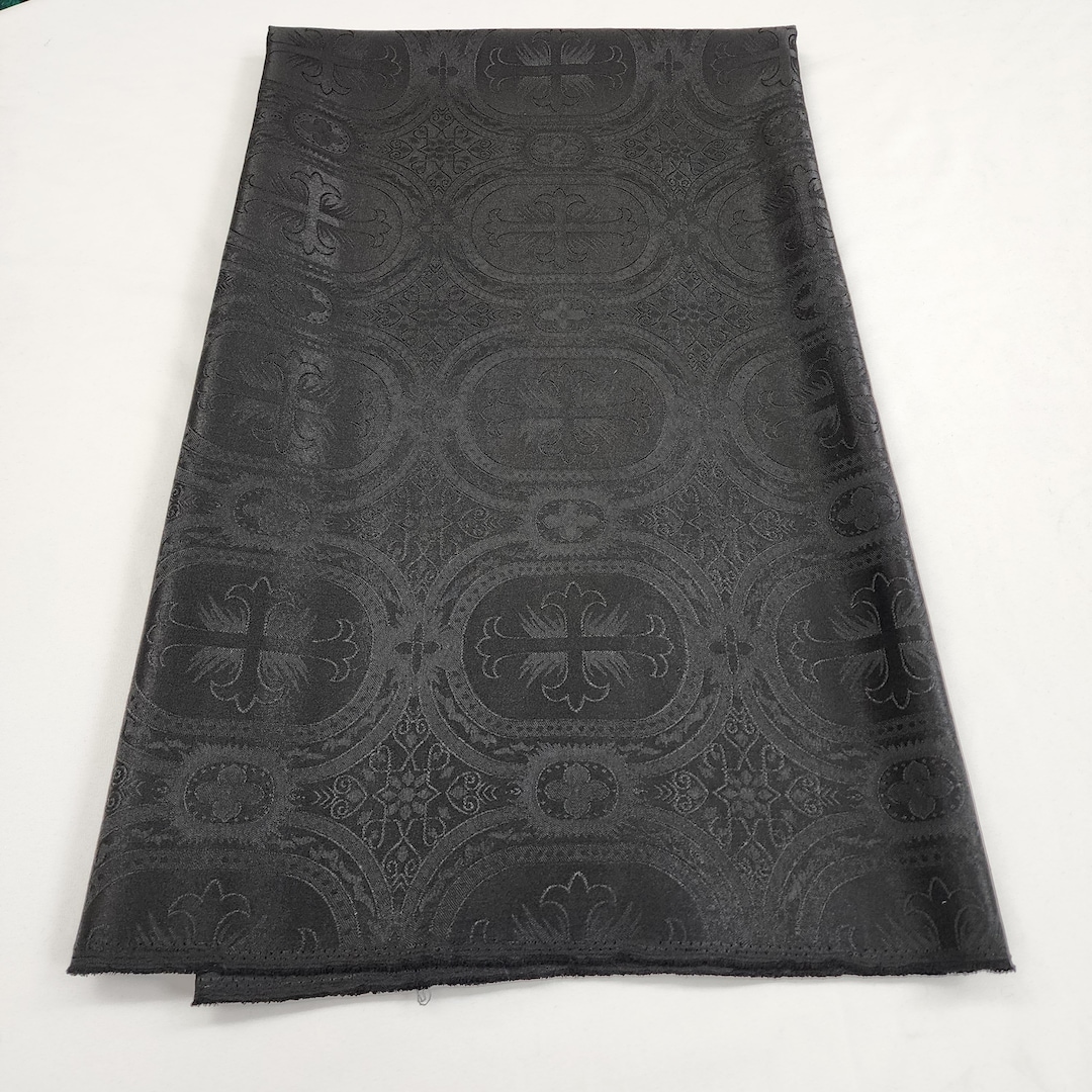 Black Oval Liturgical Cross Brocade Fabric by the Yard - Religious ...