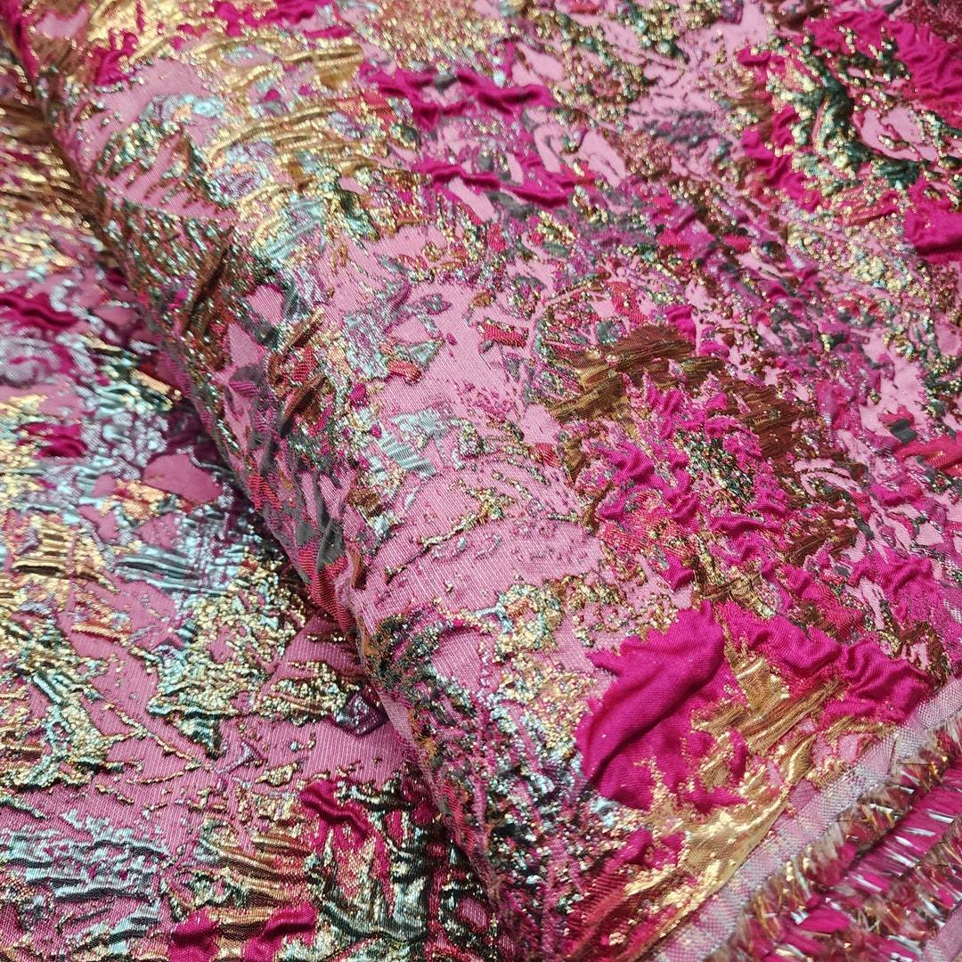 Fuchsia Brocade Fabric Metallic Crinkle Jacquard for Dress Floral ...