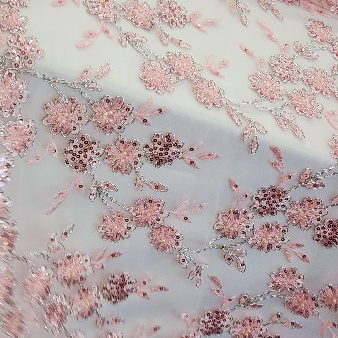 Pink Silver Floral Embroidery With Beads and Sequins on Mesh Lace ...