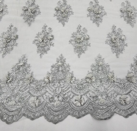 Silver 3D Polyester Floral Embroidery With Sequins on Mesh - Etsy