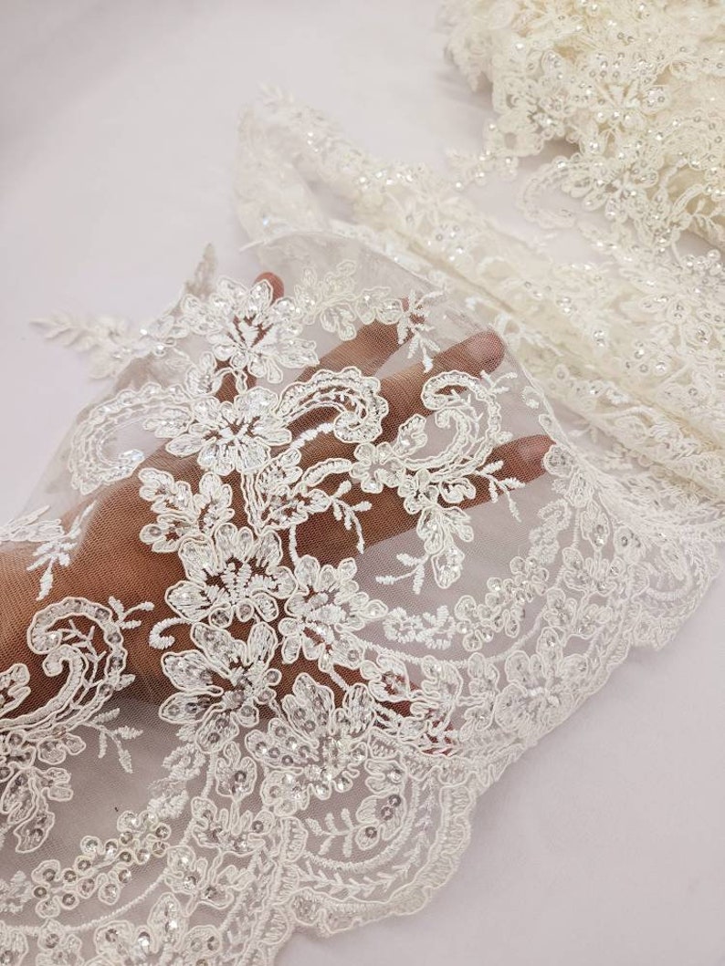 IVORY Lace Trim Fabric Corded Floral Scalloped Bridal Wedding Veil Lace ...