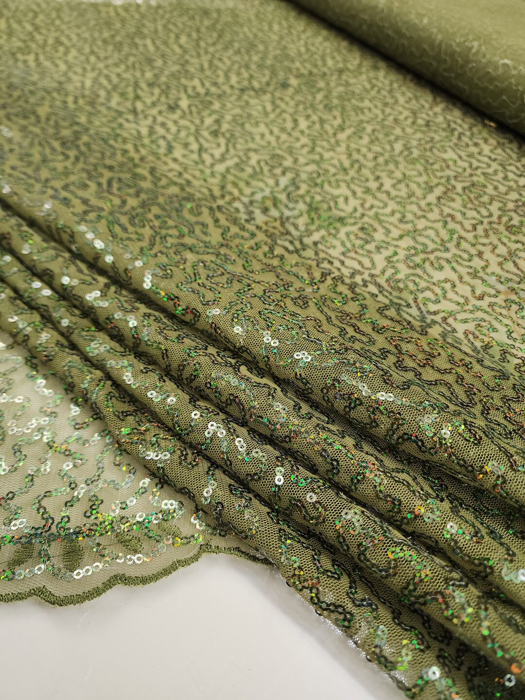 Olive Green Sequins on Mesh Fabric by the Yard for Gowns Capes Party ...