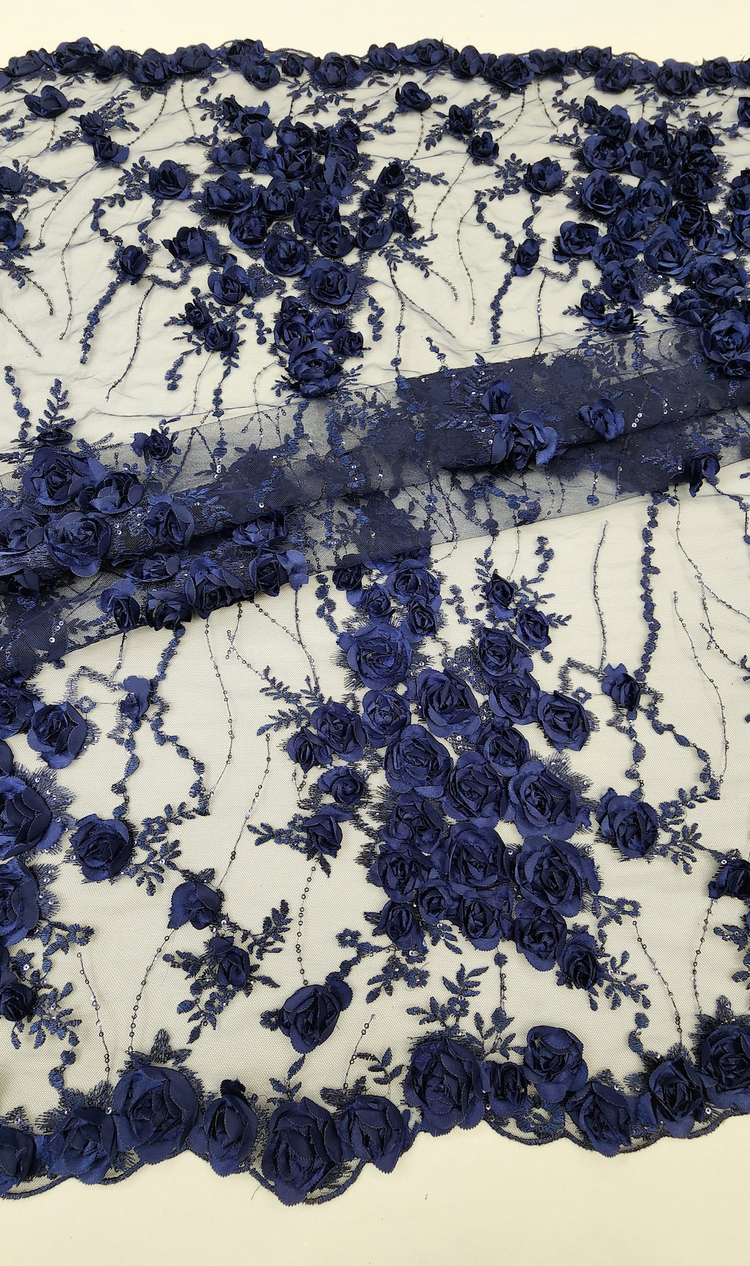 Navy Blue Floral 3D Embroidery With Sequins on Mesh Lace Fabric by the ...