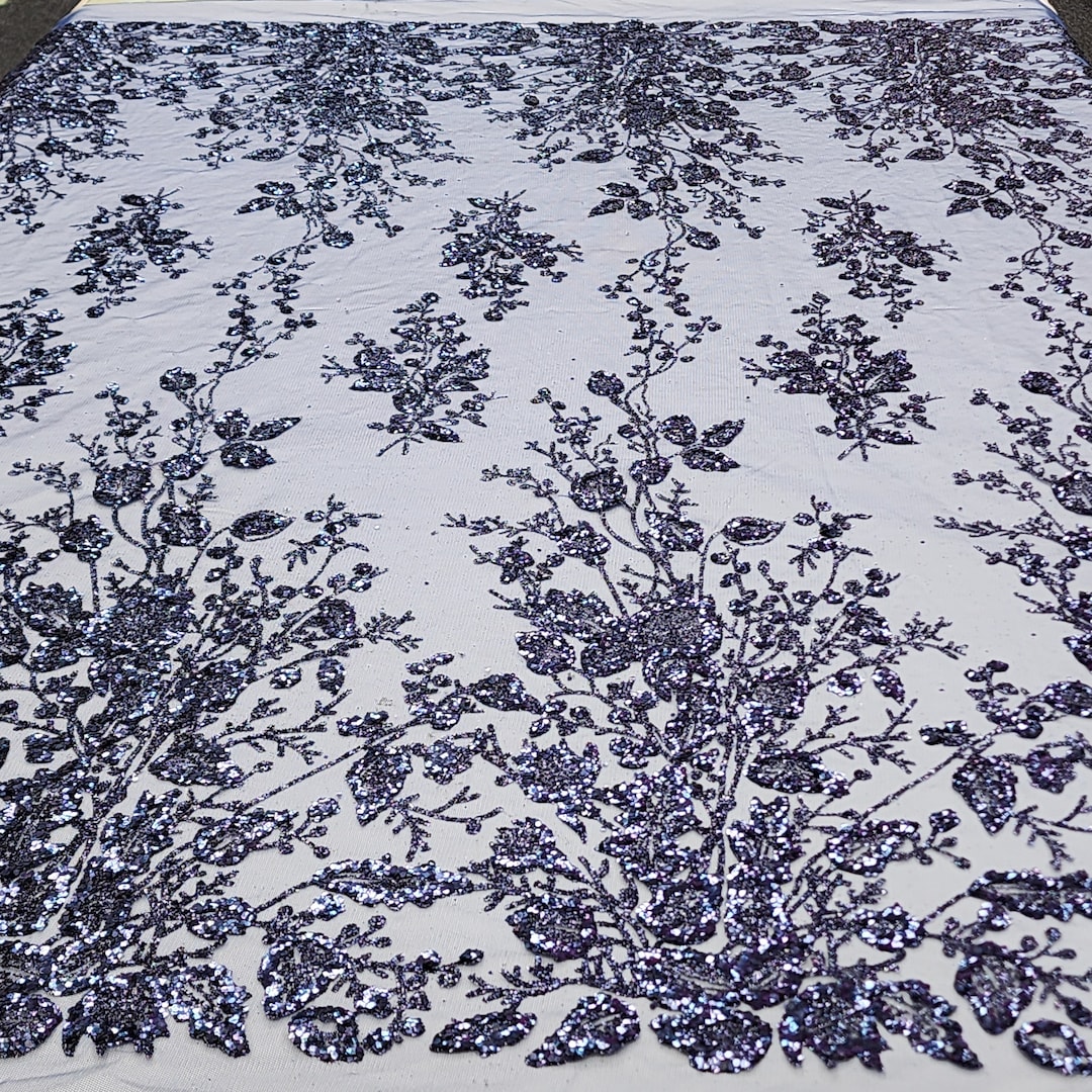 Navy Blue Floral Glitter Sparkle Design on Mesh Lace Fabric by the Yard for High Fashion Wedding ...