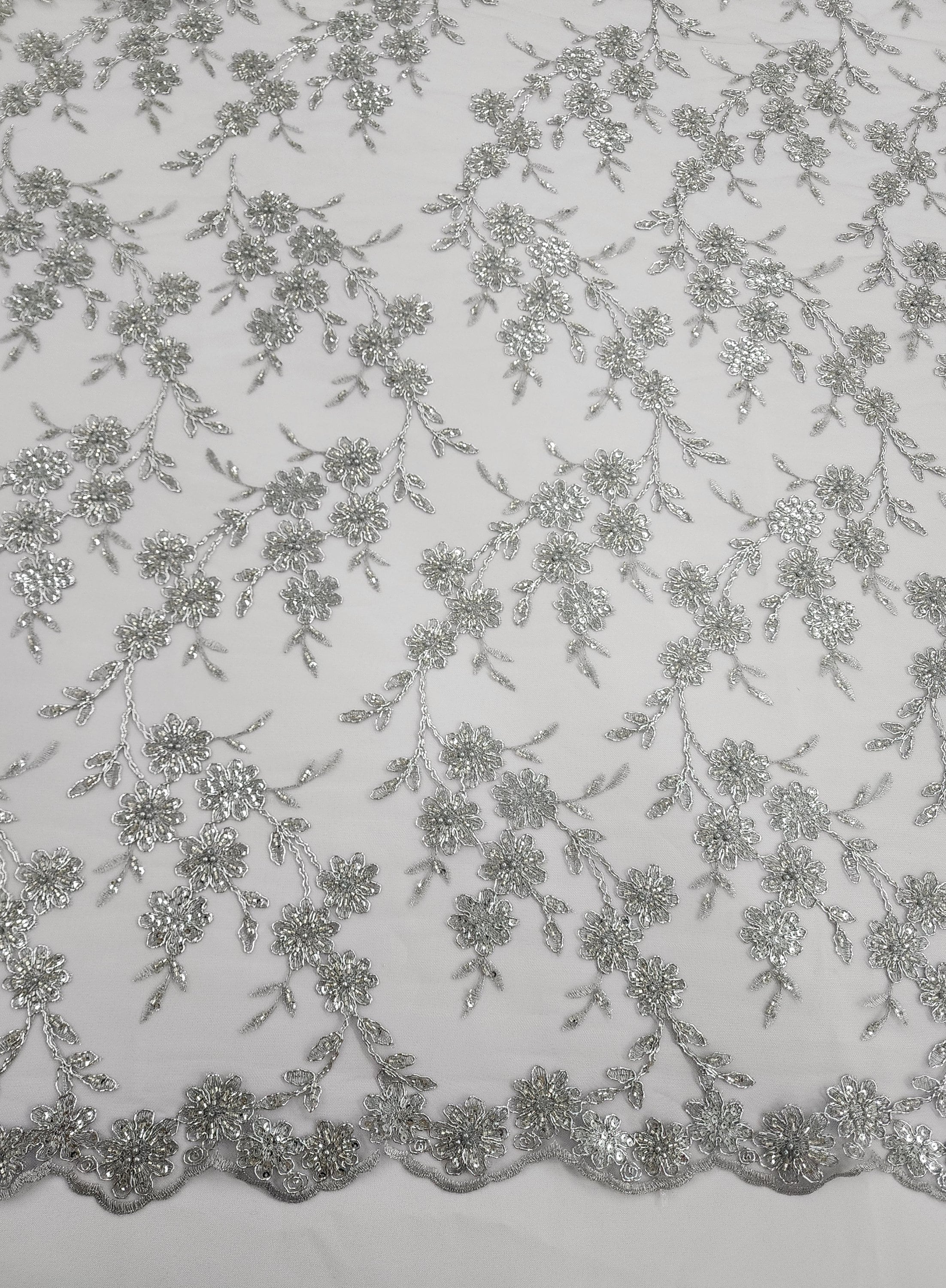 SILVER Embroidery Floral With Beads and Sequins on Mesh Lace Fabric by ...