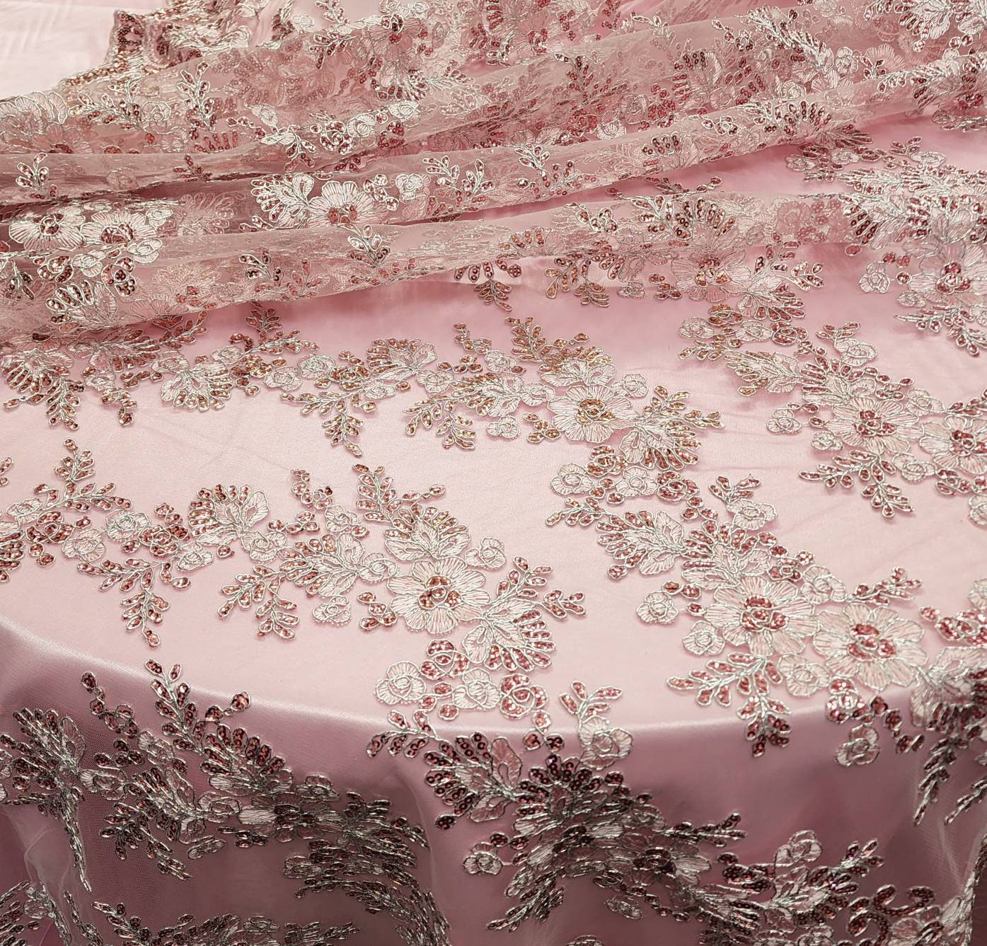 Pink Blush Polyester Floral Embroidery With Sequins on Mesh - Etsy