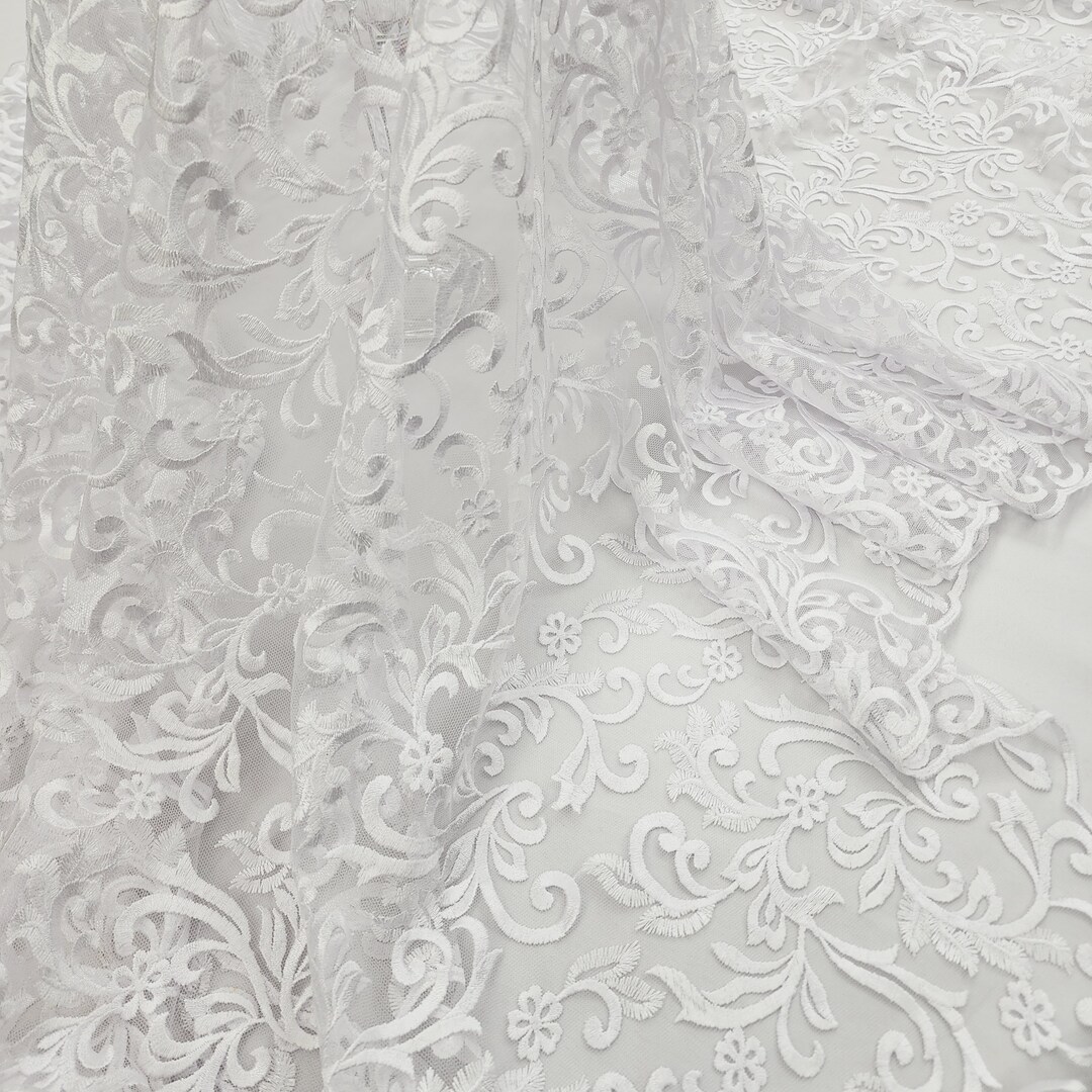 WHITE Floral Swirl Embroidery on Mesh Royalty Lace Fabric by the Yard ...