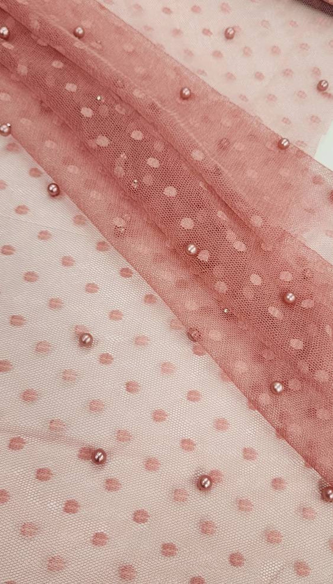 DUSTY ROSE Scattered Pearls Studded Mesh 2-way Stretch Sheer Dotted ...