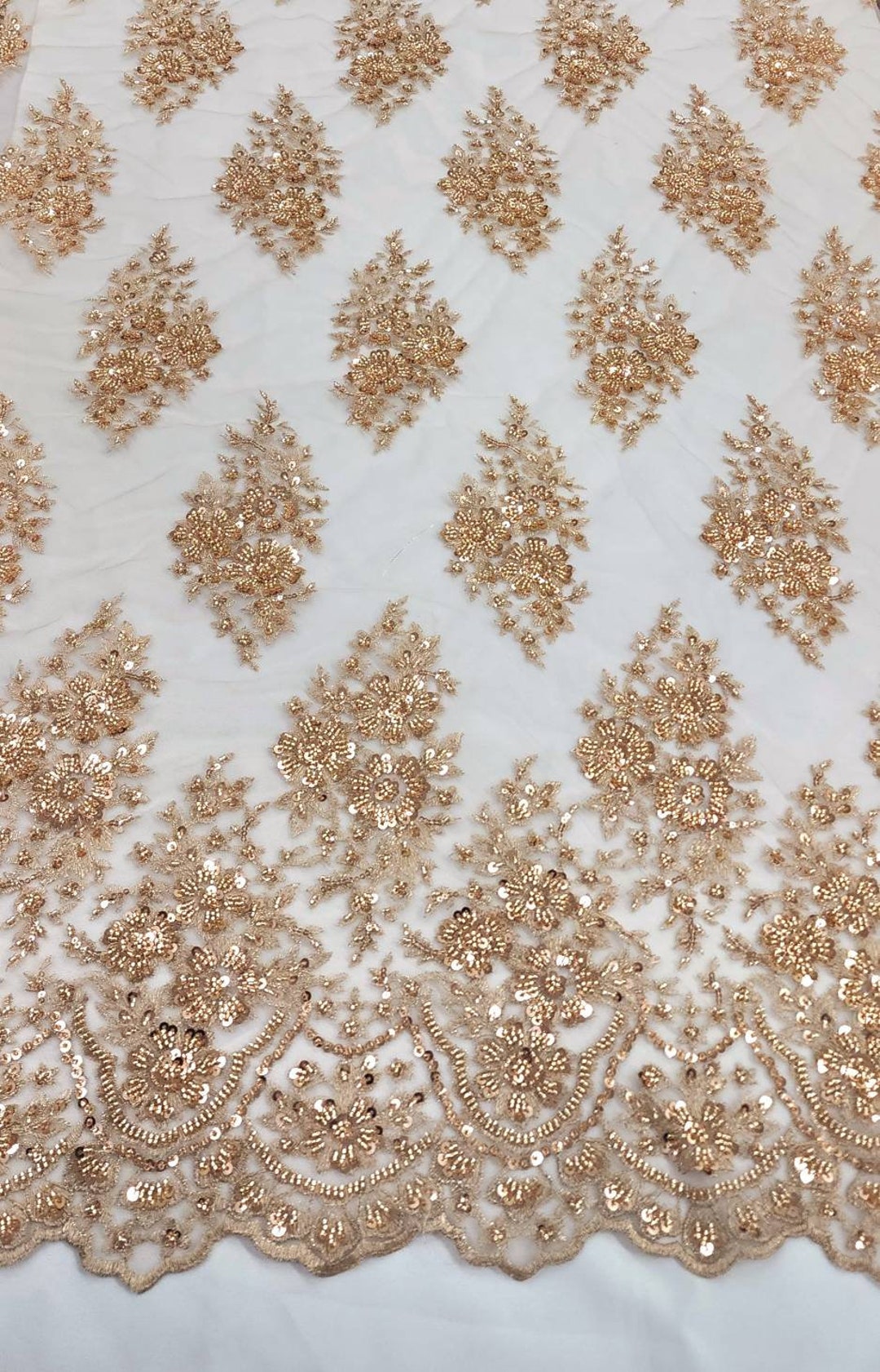 ROSE GOLD Floral Embroidery With Beads and Sequins on Mesh Lace Fabric ...