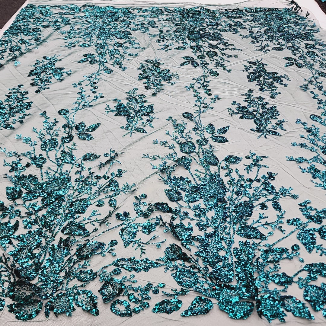 Teal Blue Floral Glitter Sparkle Design on Mesh Lace Fabric by the Yard for High Fashion Wedding ...