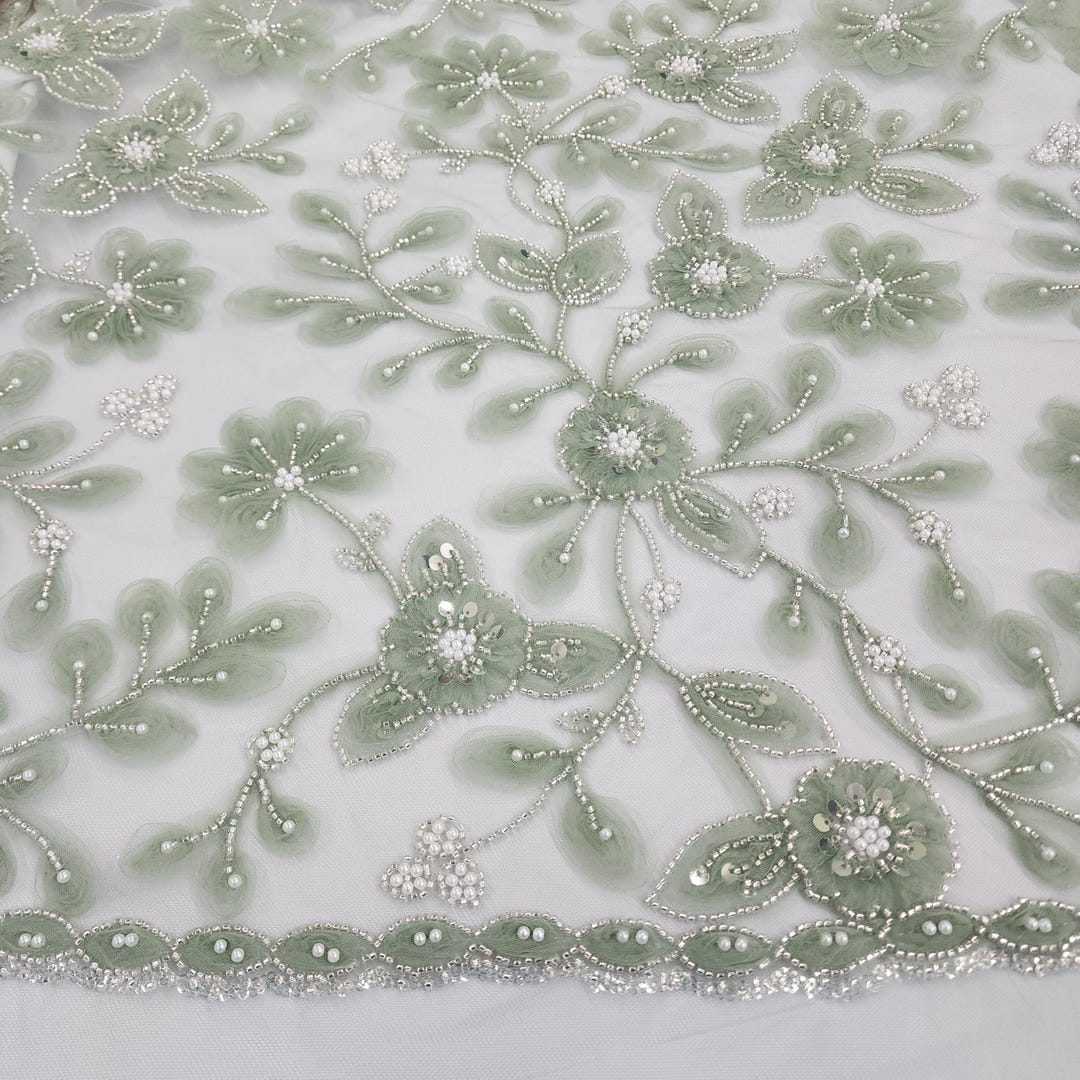 Sage Green Floral Embroidery With Beads and Sequins on Mesh Lace Fabric ...