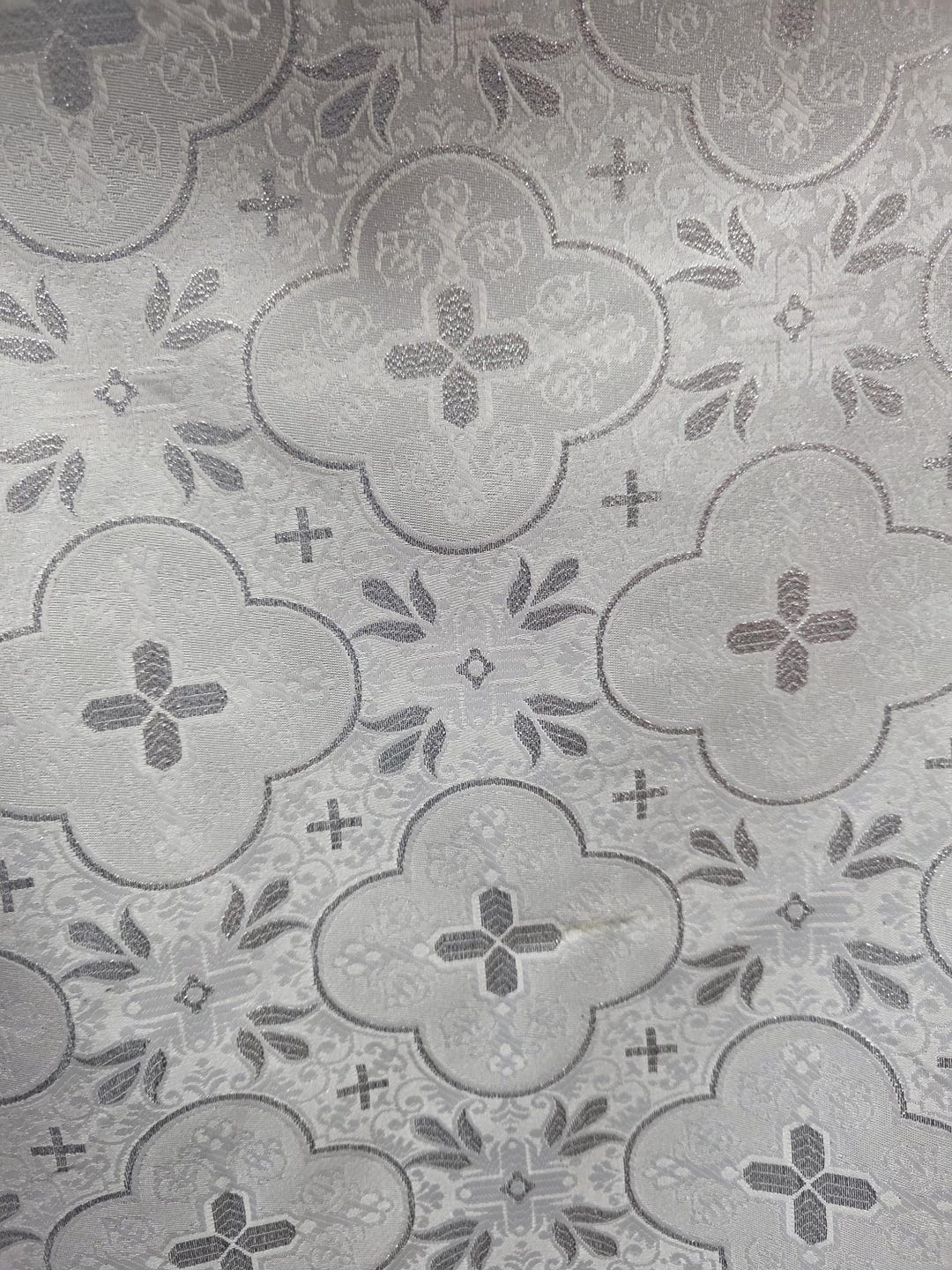 White Silver Liturgical Jacquard Cross Brocade Fabric by the Yard ...