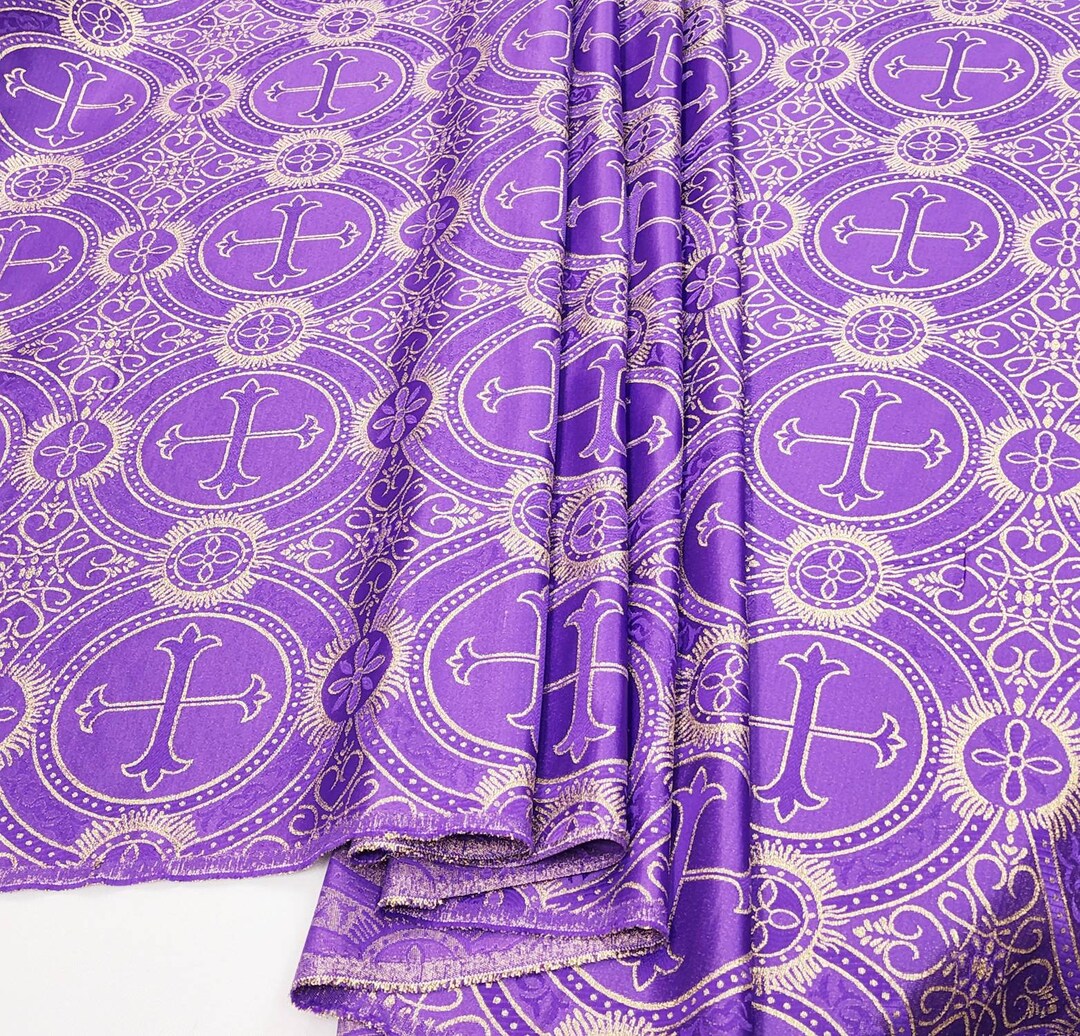 Purple Gold Religious Brocade Liturgical Fabric Ecclesiastical Jacquard ...