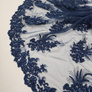 Navy Blue Floral Embroidery Heavy Beaded and Sequins on Mesh Lace ...