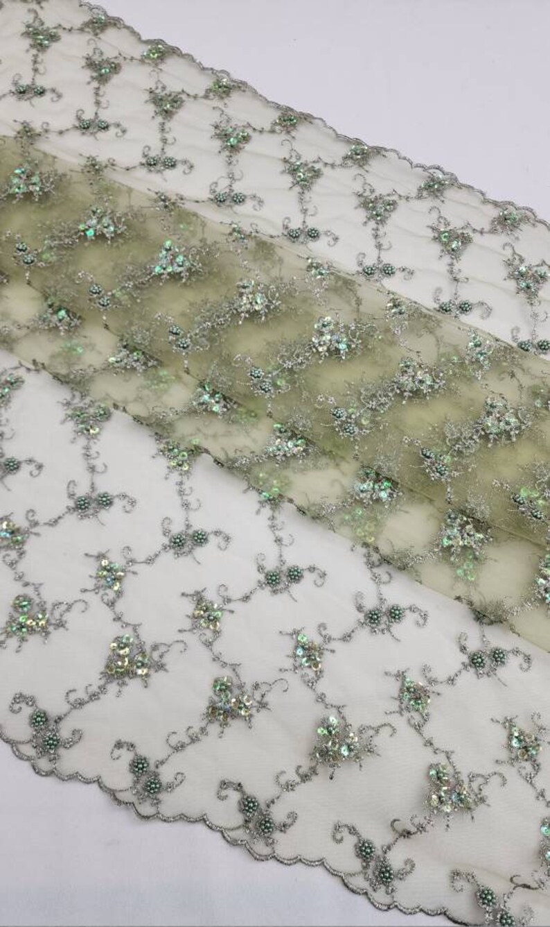 Sage Green Floral Embroidery With Beads and Sequins on Mesh - Etsy