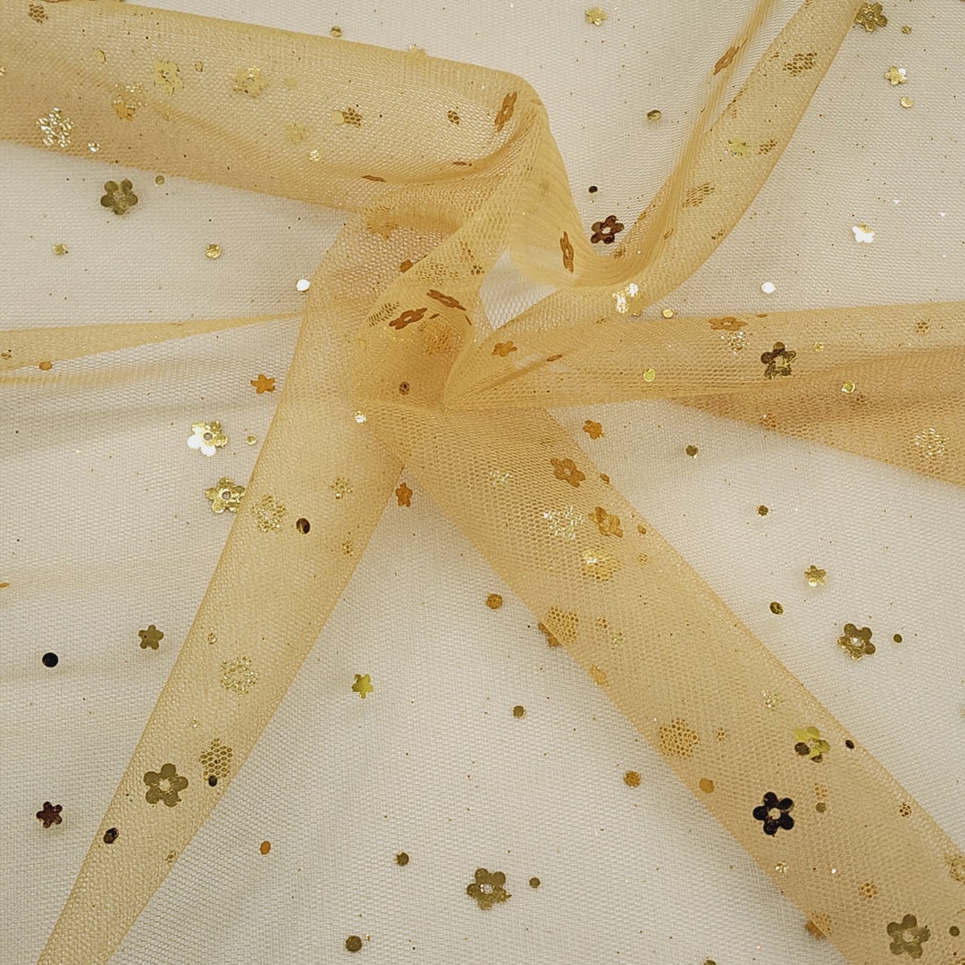GOLD Hologram Floral and Glitter Sparkle on English Netting Tulle ...