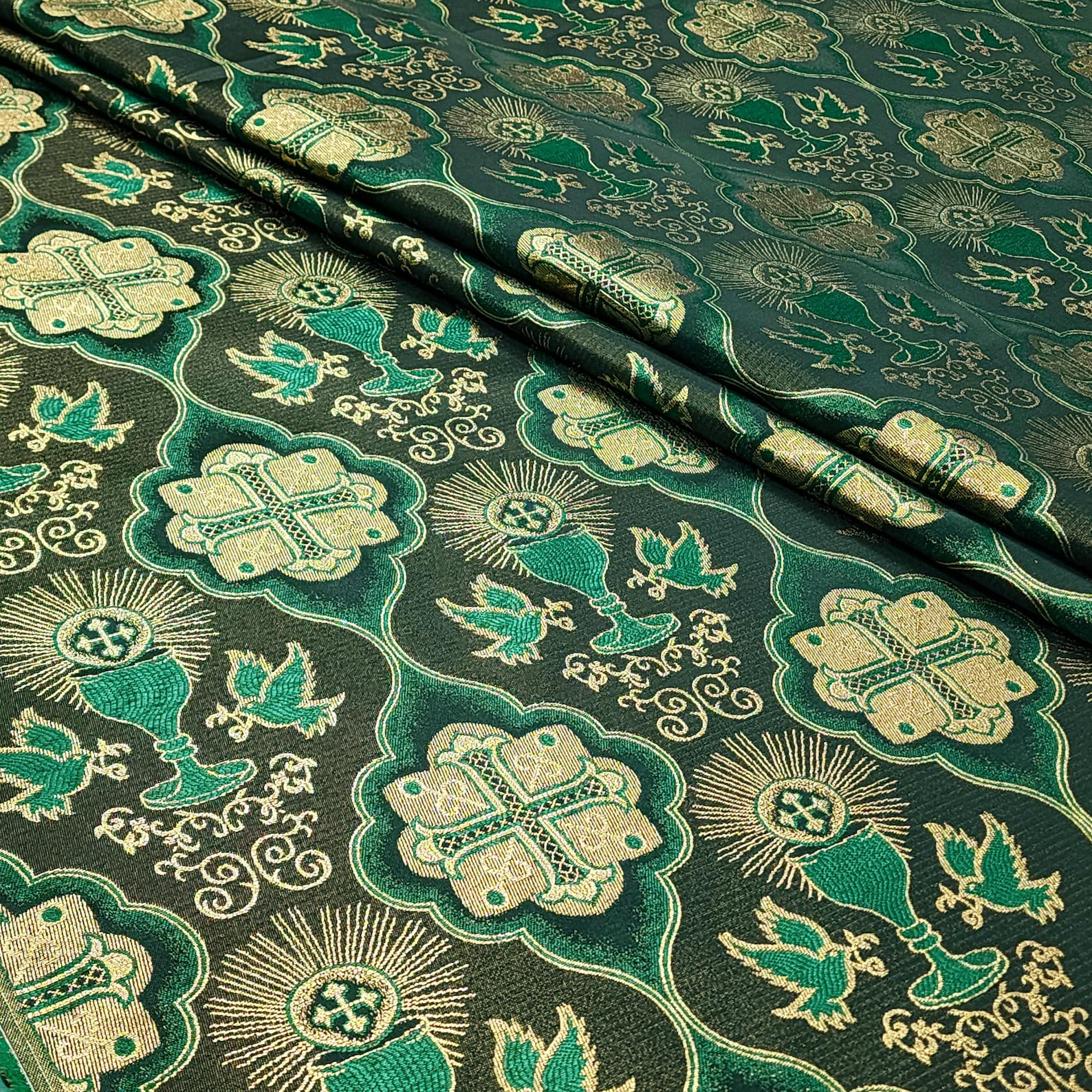 Hunter Green Gold Liturgical Cross Jacquard Fabric Religious Brocade ...