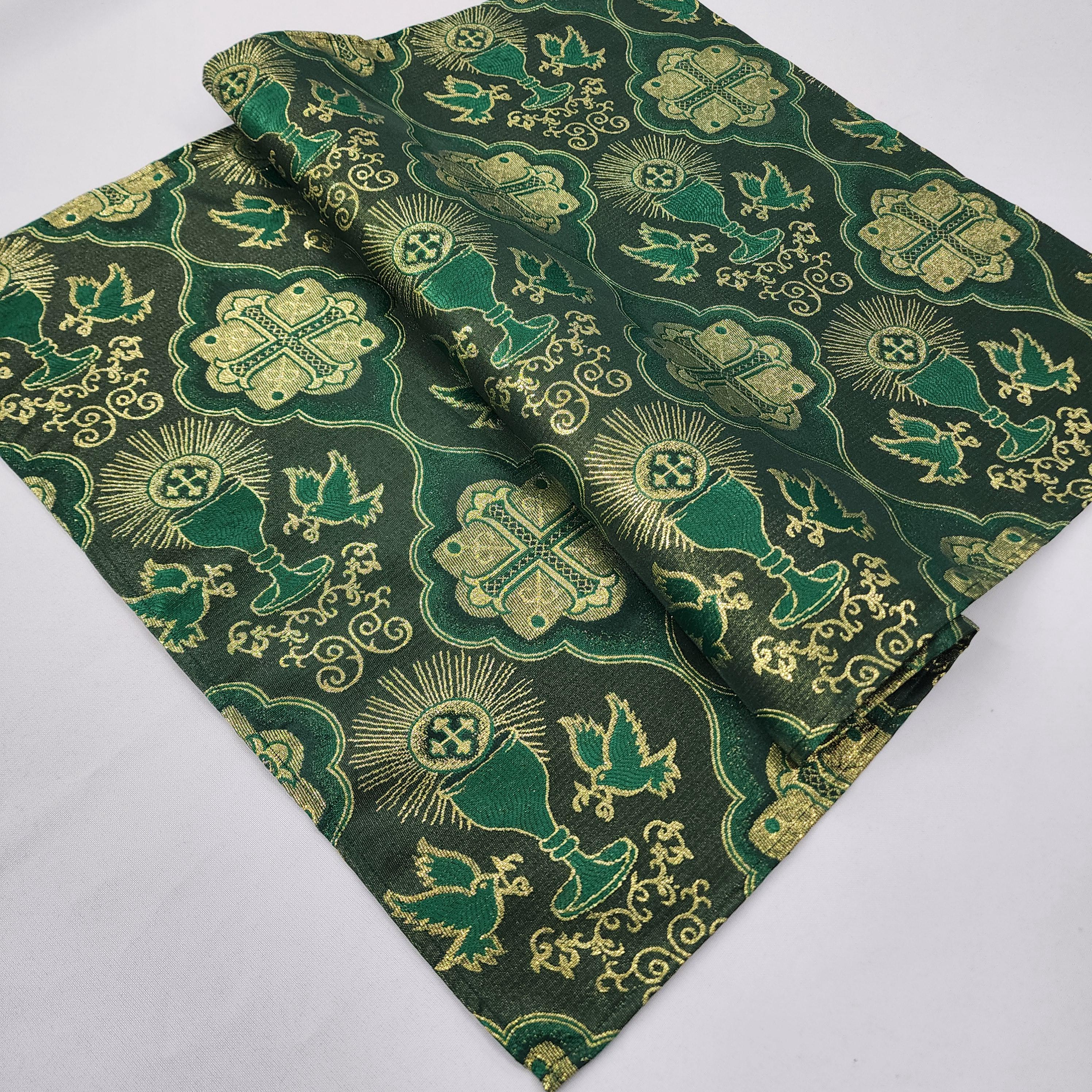Hunter Green Gold Liturgical Cross Jacquard Fabric Religious Brocade ...
