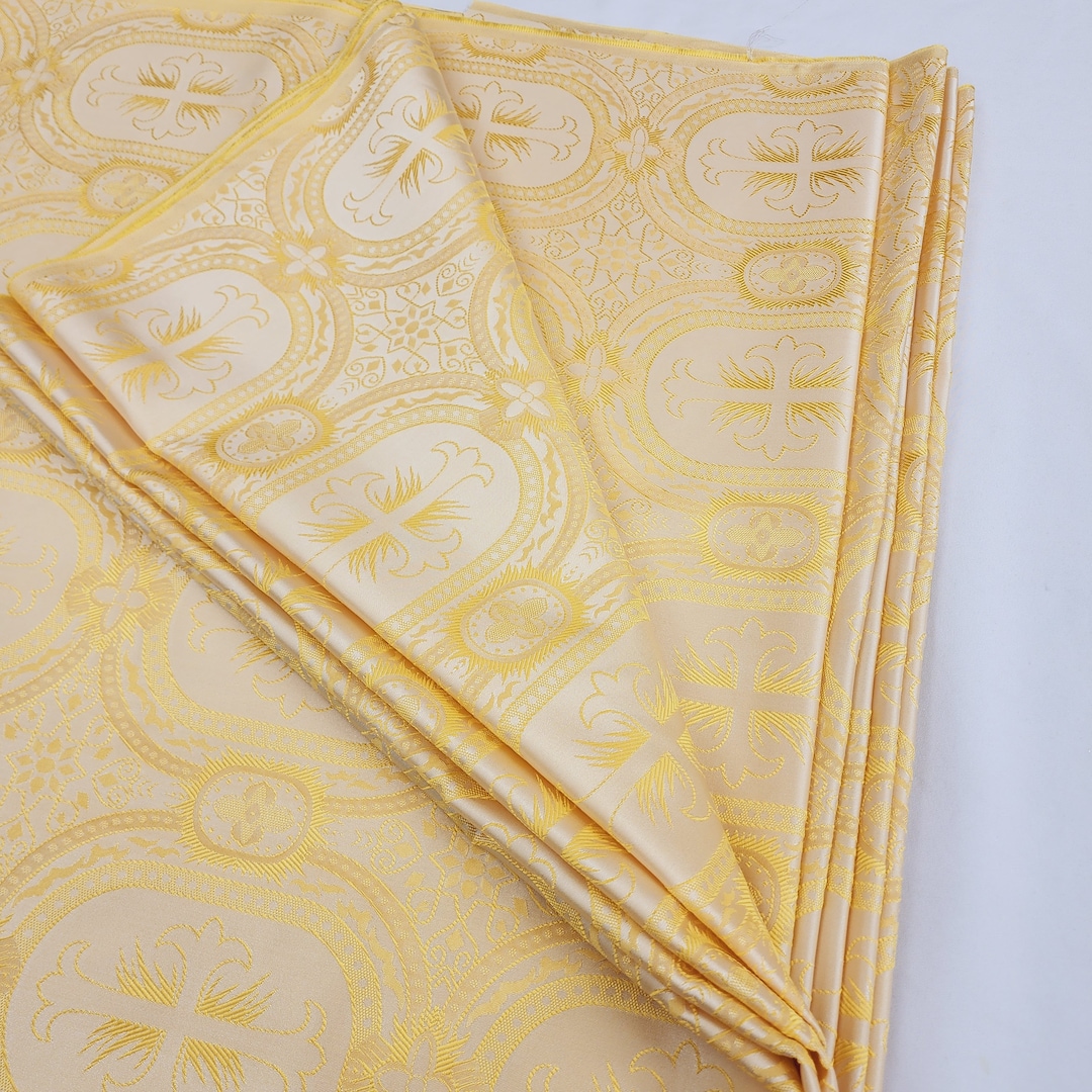 Ivory Yellow Gold Liturgical Oval Cross Brocade Fabric by the Yard ...