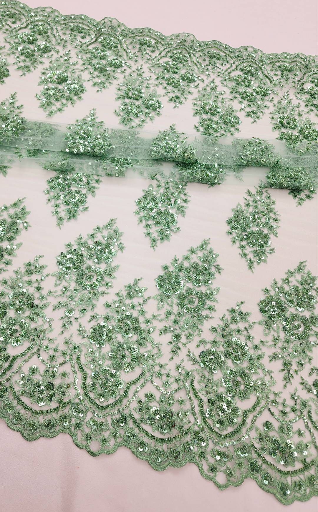 Mint Green Floral Embroidery With Beads and Sequins on Mesh Lace Fabric ...