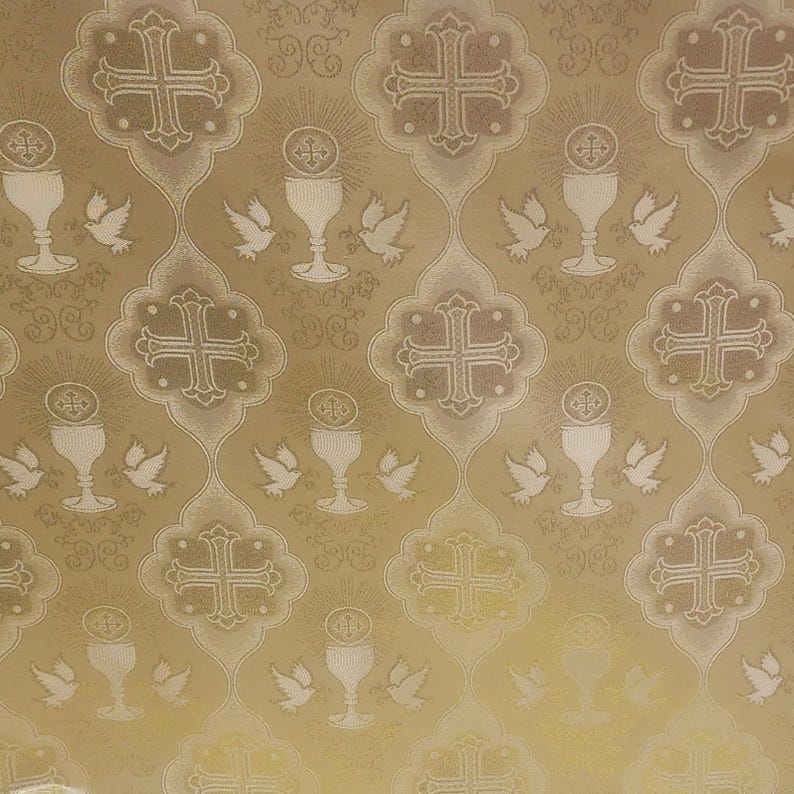 Ivory Gold Liturgical Cross Jacquard Fabric Religious Brocade ...