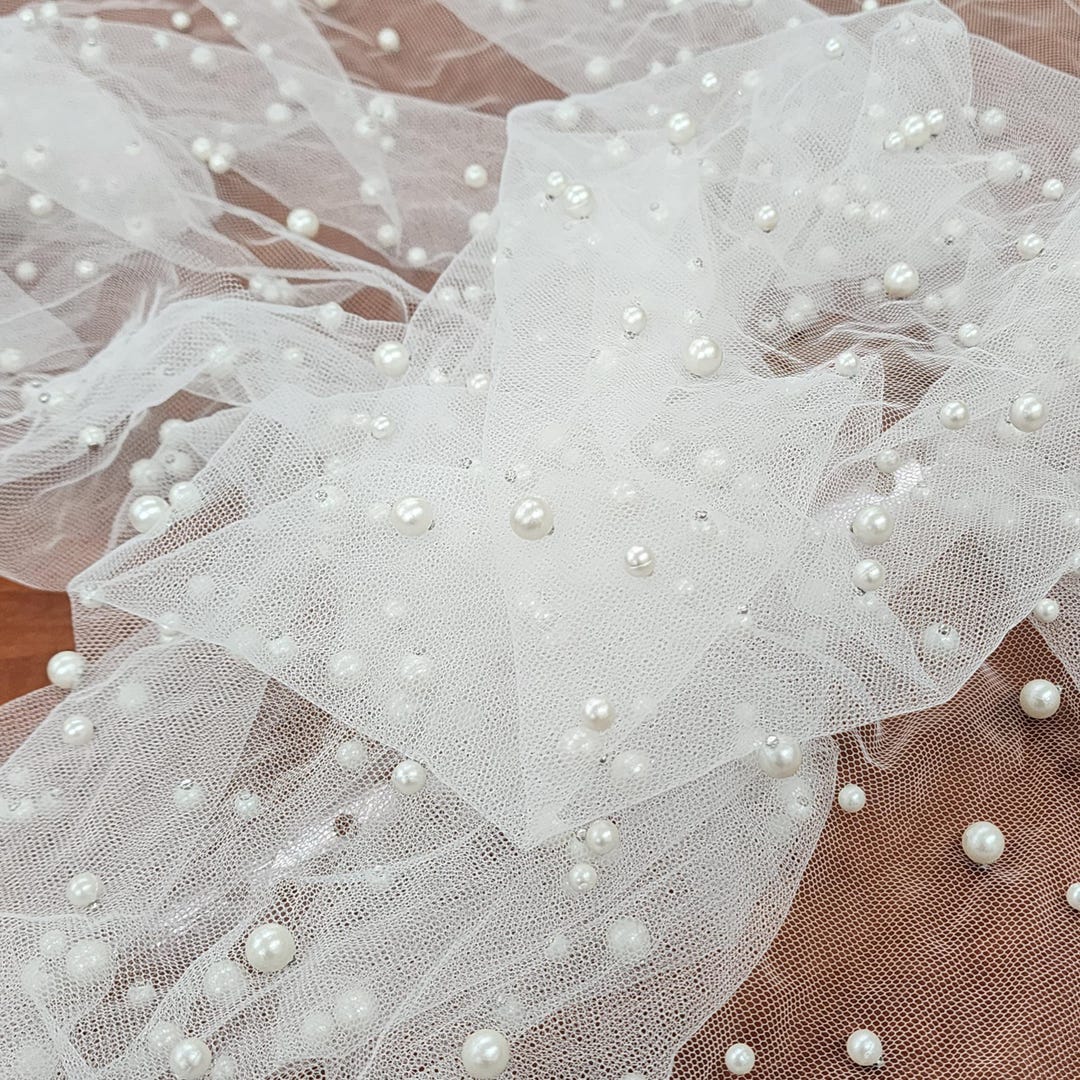 Off White Scattered Pearls Studded Mesh, 2-way Stretch, Sheer, Soft ...