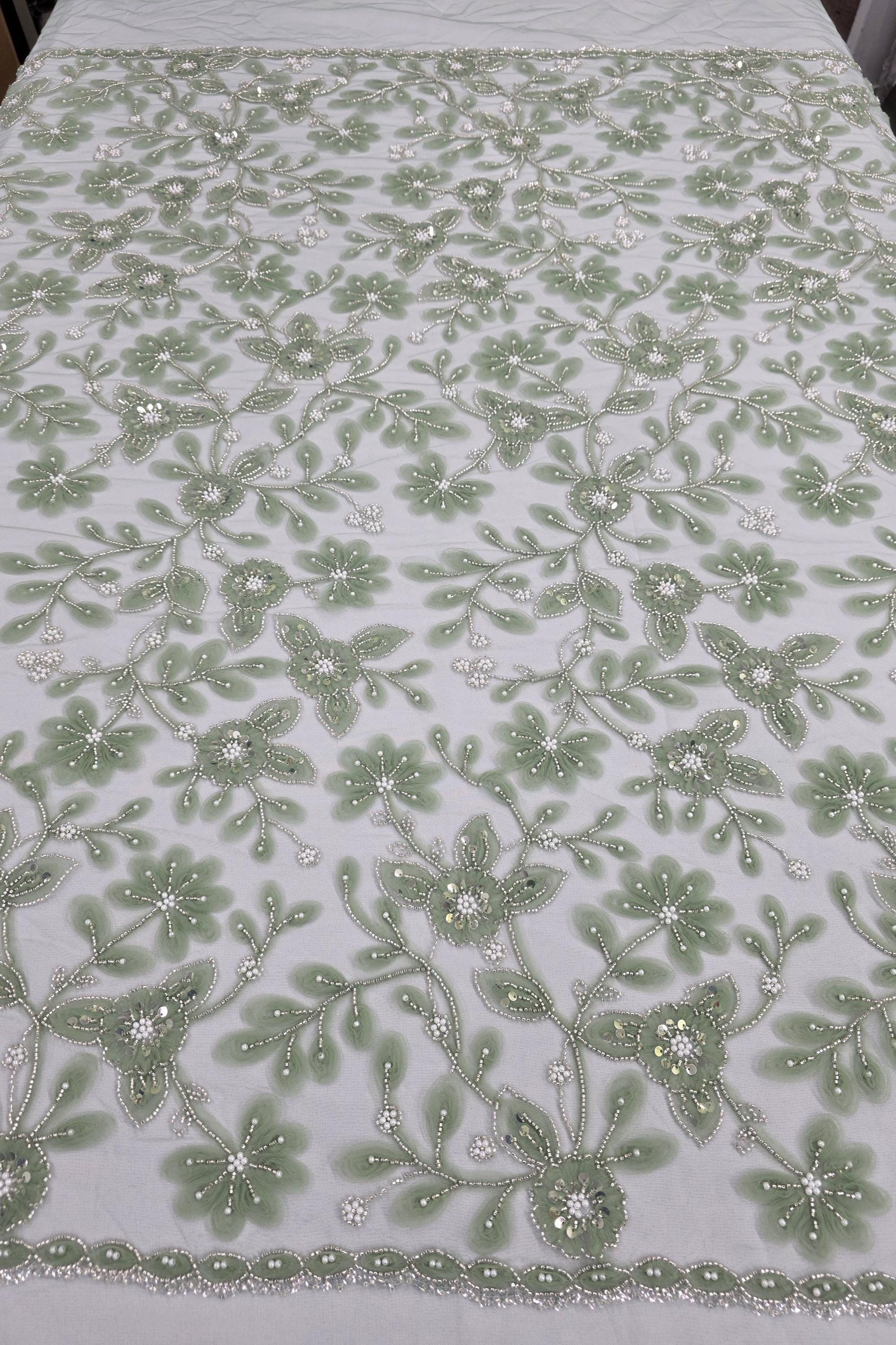 Sage Green Floral Embroidery With Beads and Sequins on Mesh Lace Fabric ...