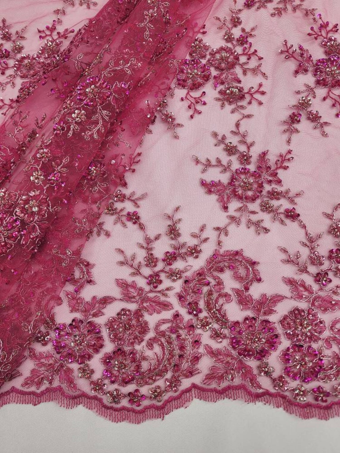 Fuschia Floral Embroidery With Beads and Sequins on Mesh Lace - Etsy