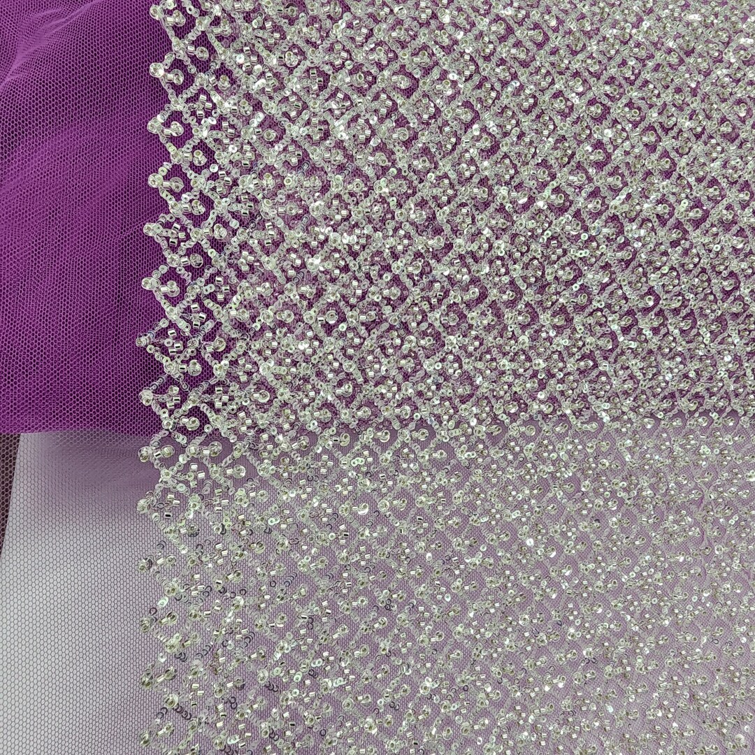 Swiss Ivory Magenta Fashion Beaded and Sequins on Mesh Lace Fabric by ...