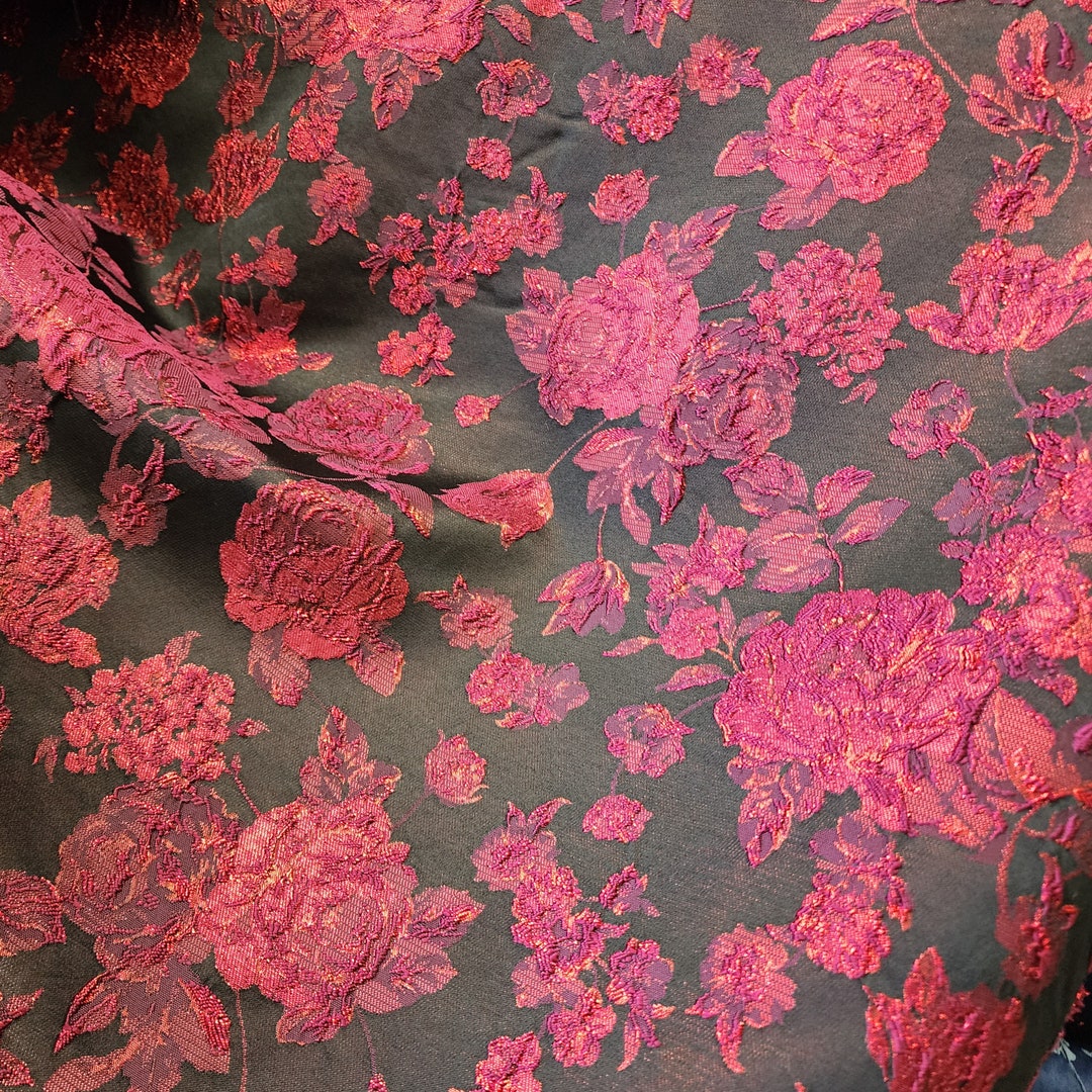 Black Red Two-tone Embossed Floral Design Brocade Jacquard Satin Fabric ...
