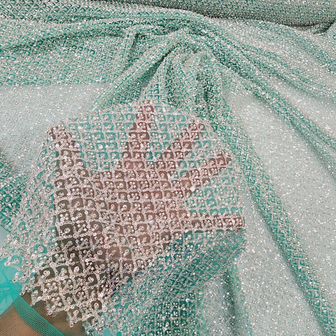 Swiss Ivory Jade Blue Fashion Beaded and Sequins on Mesh Lace Fabric by ...