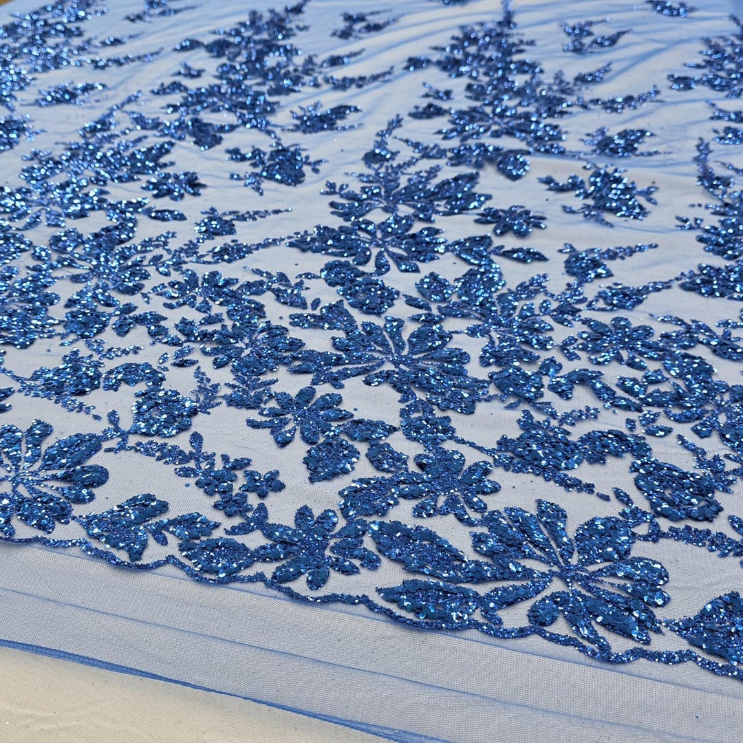 Royal Blue Floral Shiny Glitter Design on Mesh Lace Fabric by the Yard ...