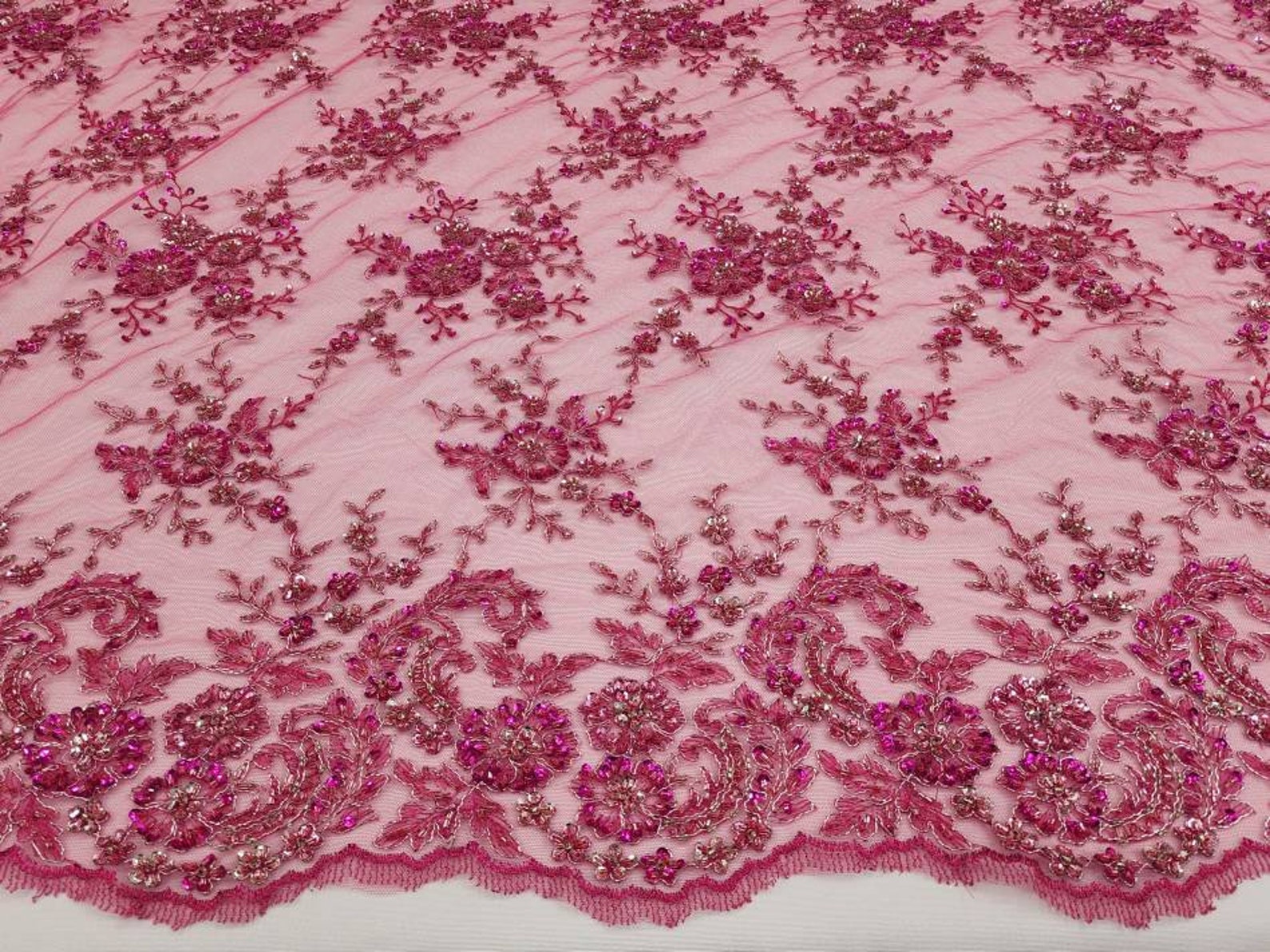 Fuschia Floral Embroidery With Beads and Sequins on Mesh Lace - Etsy