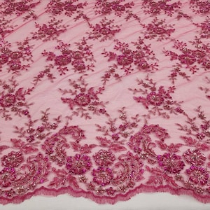 Fuschia Floral Embroidery With Beads and Sequins on Mesh Lace Fabric by ...