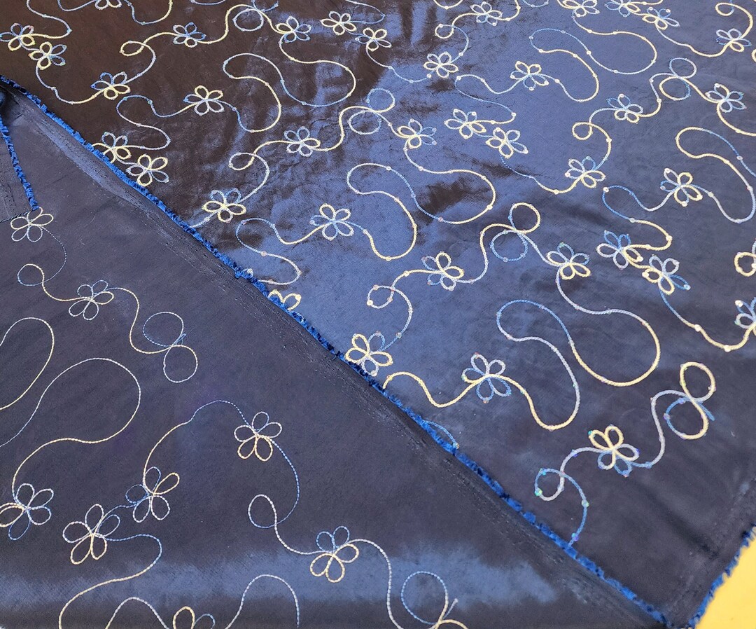 Navy Blue Floral Embroidery With Sequins on Taffeta Fabric by the Yard ...