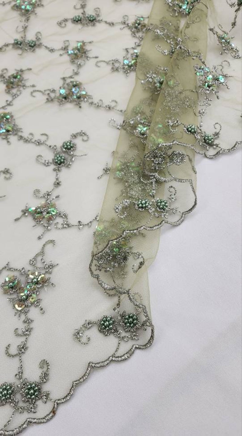 Sage Green Floral Embroidery With Beads and Sequins on Mesh - Etsy