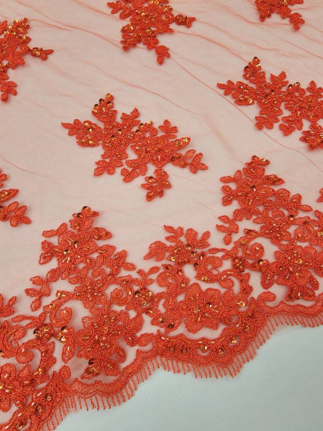 Dark Orange Floral Embroidery With Beads and Sequins on Mesh - Etsy