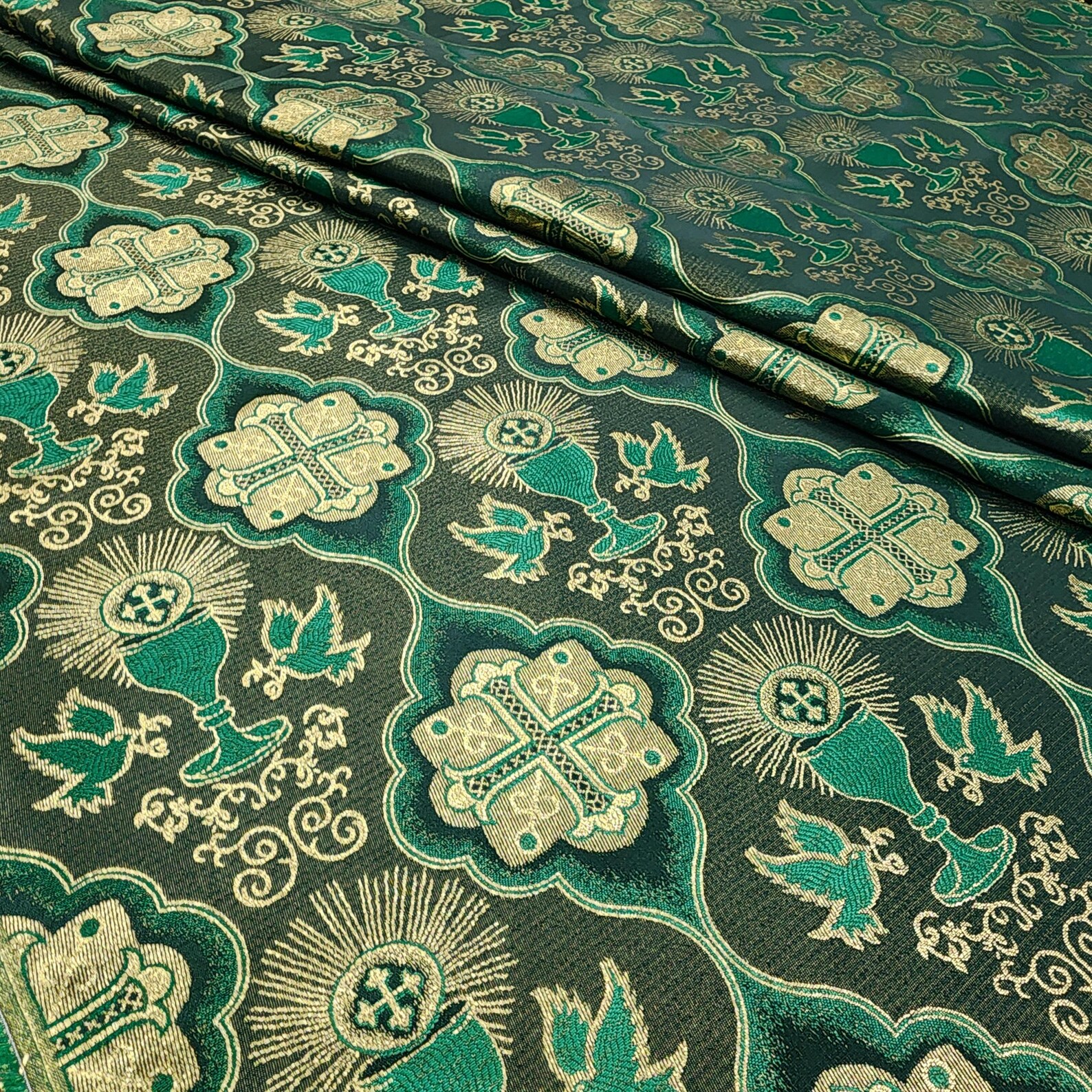 Hunter Green Gold Liturgical Cross Jacquard Fabric Religious Brocade ...