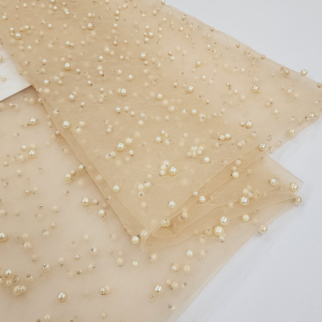 CHAMPAGNE Scattered Pearls Studded Mesh, 2-way Stretch, Sheer, Soft ...
