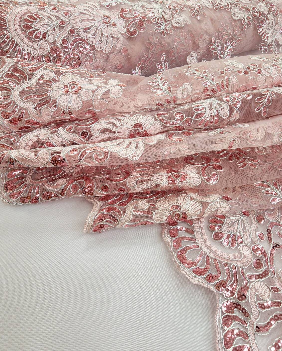 Pink Blush Polyester Floral Embroidery With Sequins on Mesh - Etsy