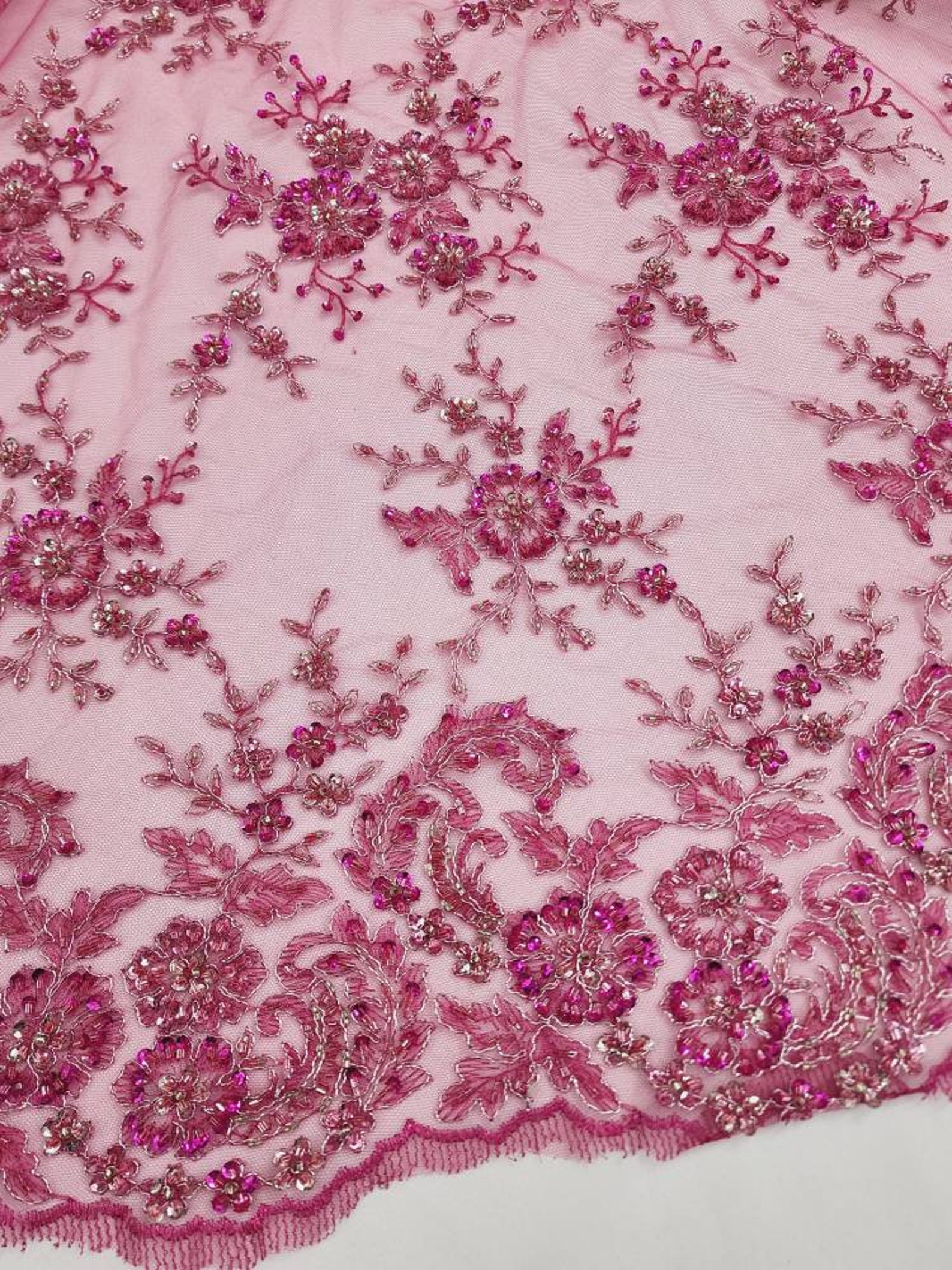 Fuschia Floral Embroidery With Beads and Sequins on Mesh Lace - Etsy