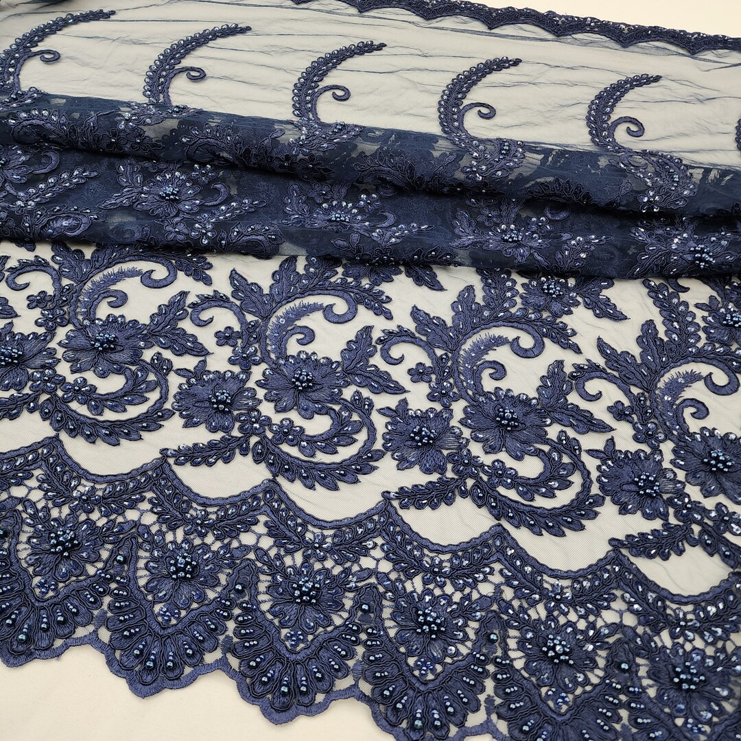 Navy Blue Floral Embroidery With Beads and Sequins on Mesh Lace Fabric ...