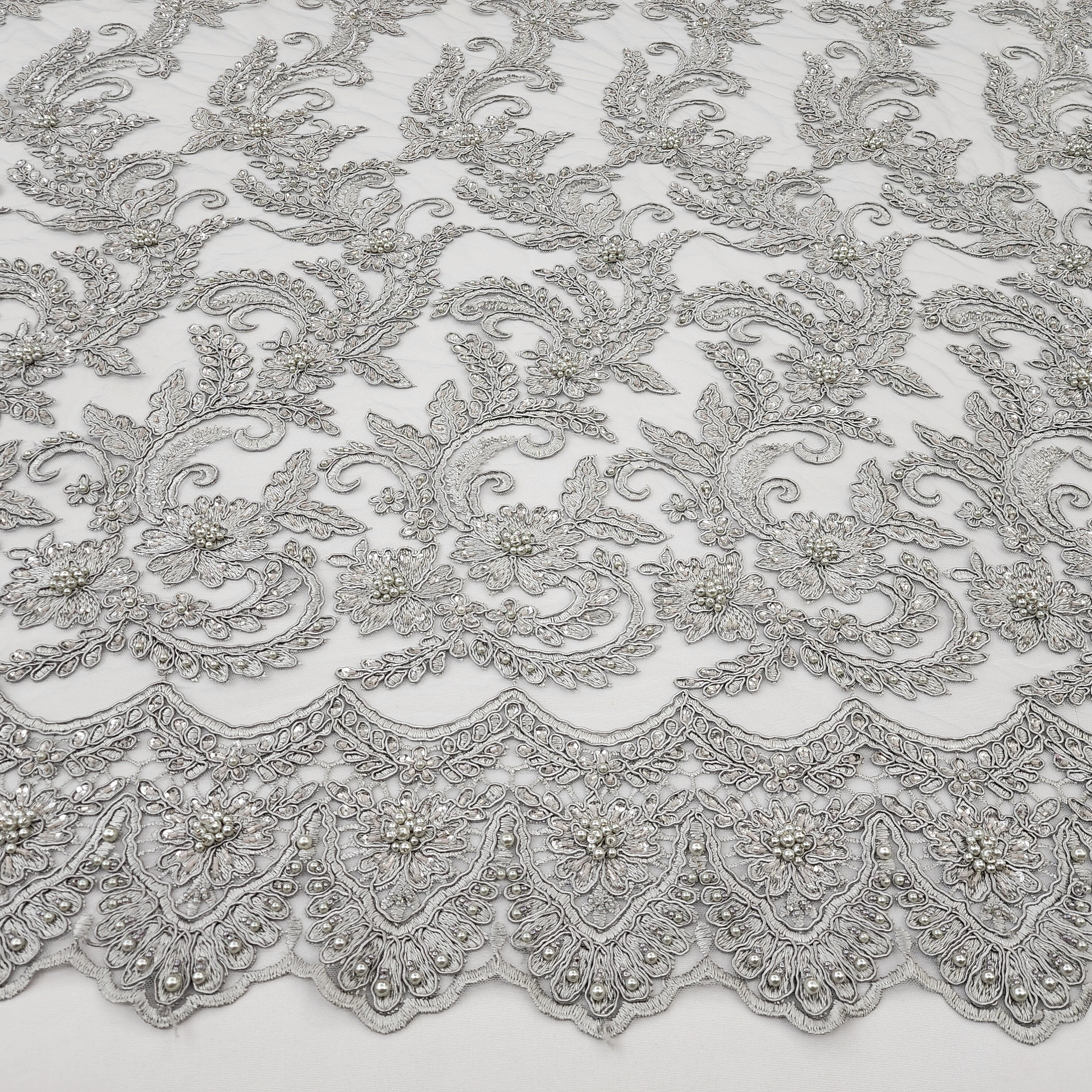 Gray Silver Floral Embroidery With Beads and Sequins on Mesh Lace ...
