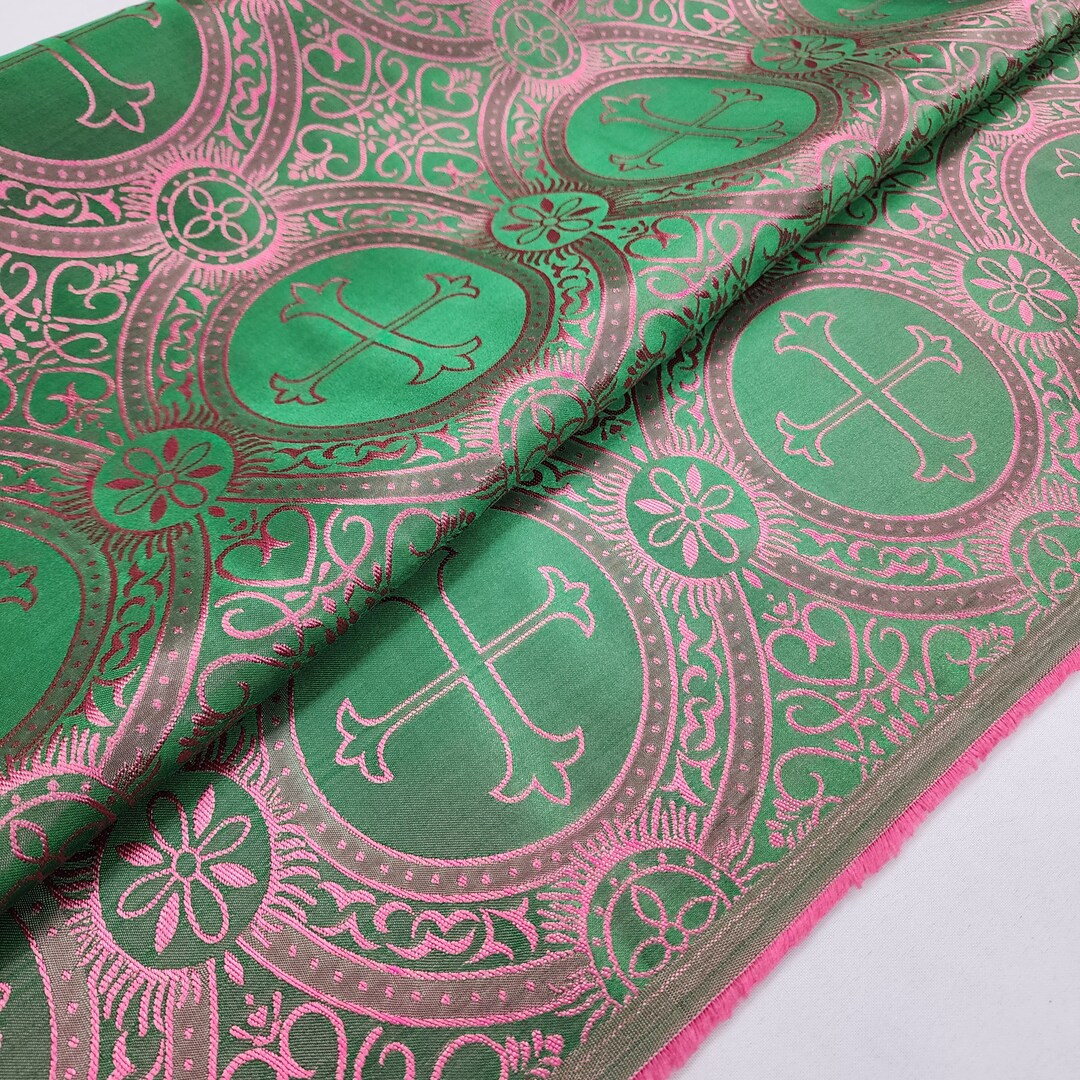 Emerald Green Coral Liturgical Brocade Fabric Religious Jacquard ...