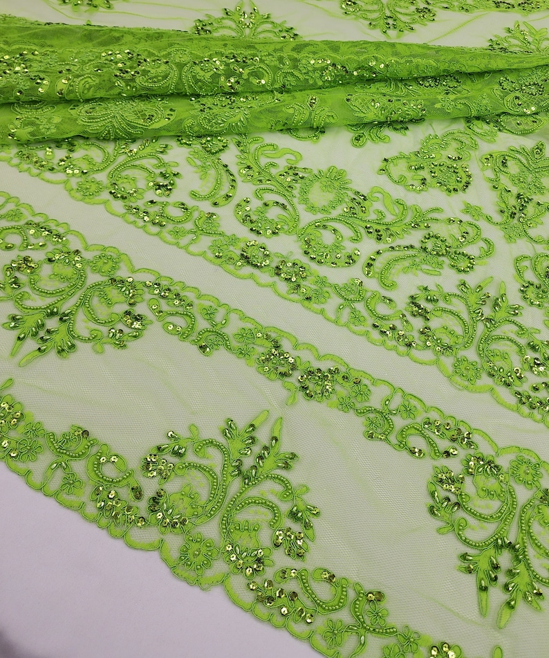Neon Green Embroidery Floral With Beads and Sequins on Mesh Lace Fabric ...