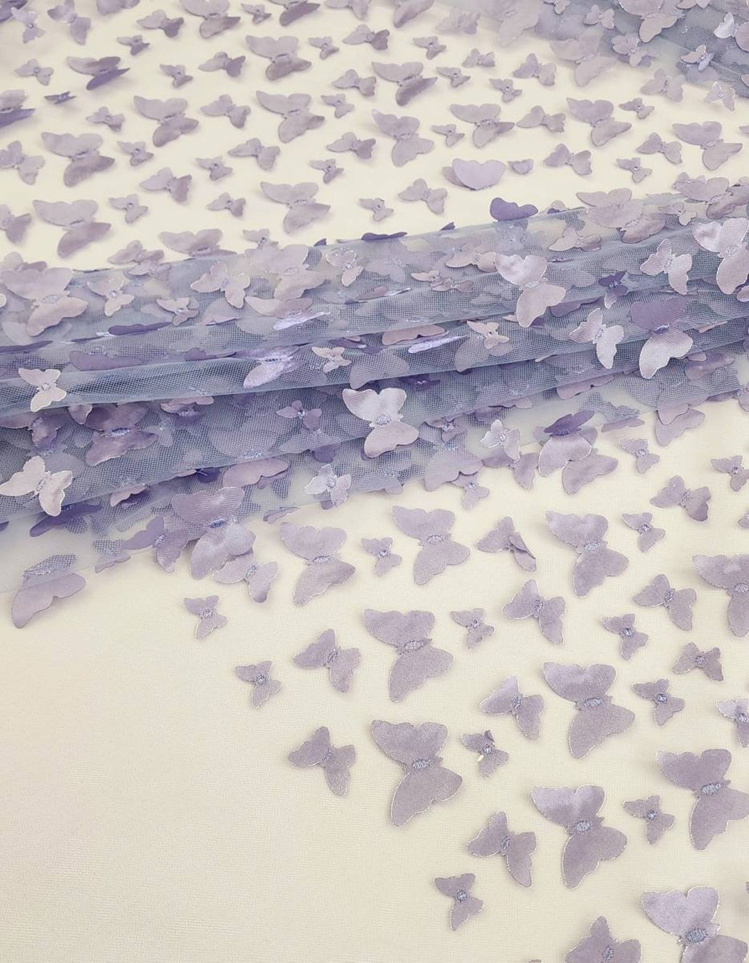 Periwinkle Satin 3D Butterflies on Mesh Lace Fabric by Yhe Yard for ...