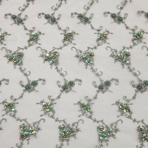 Sage Green Floral Embroidery With Beads and Sequins on Mesh Lace Fabric ...
