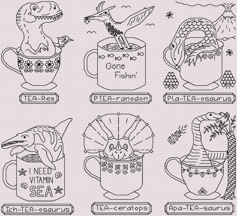 Prehistoric Tea Set Blackwork Pattern - Etsy