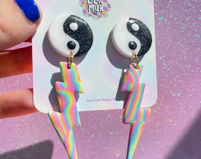 Sparkly Yin Yang/ Vibrant Rainbow Lightning Bolt Studs - Etsy