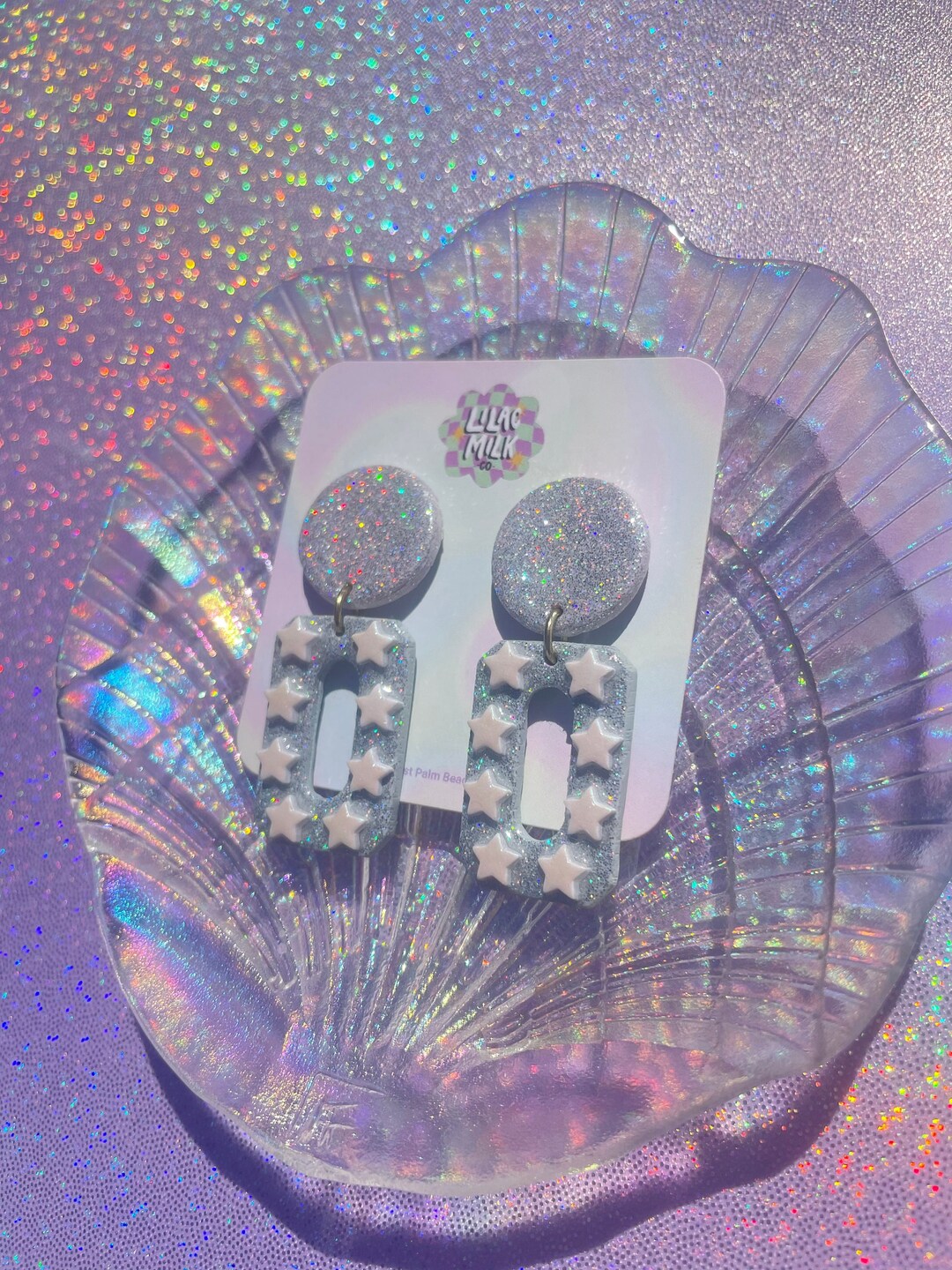 Iridescent Stars/ Holo Sparkly Mini Octagon Dangly Studs - Etsy